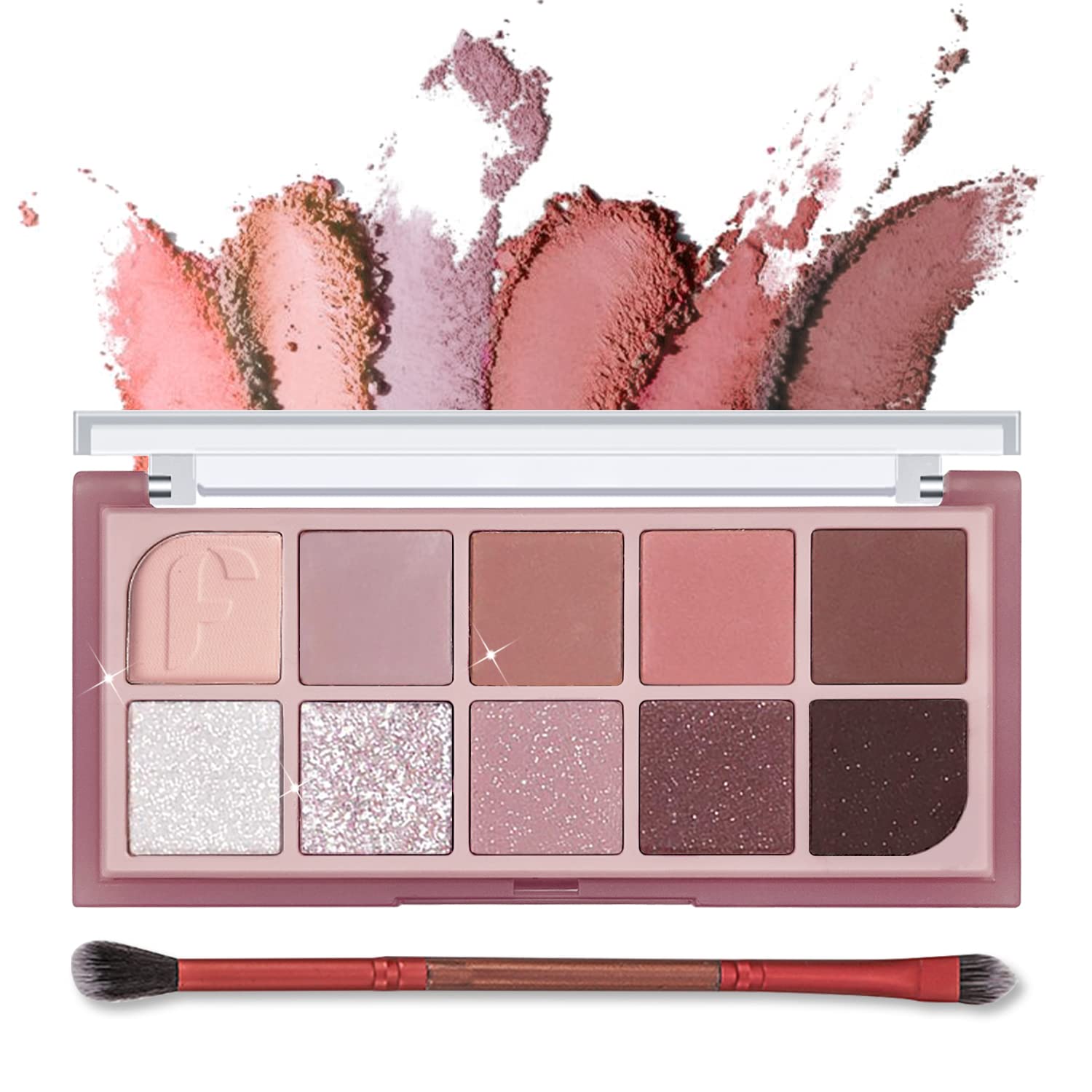 Erinde 10 Color Eyeshadow Palette Makeup - Matte Shimmer Glitter Eye Shadow, Ultra-Blendable, High Pigmented, Naturing-Looking, Neutral Nude Eyeshadow Palette with Brush, Smoke Purple Rose