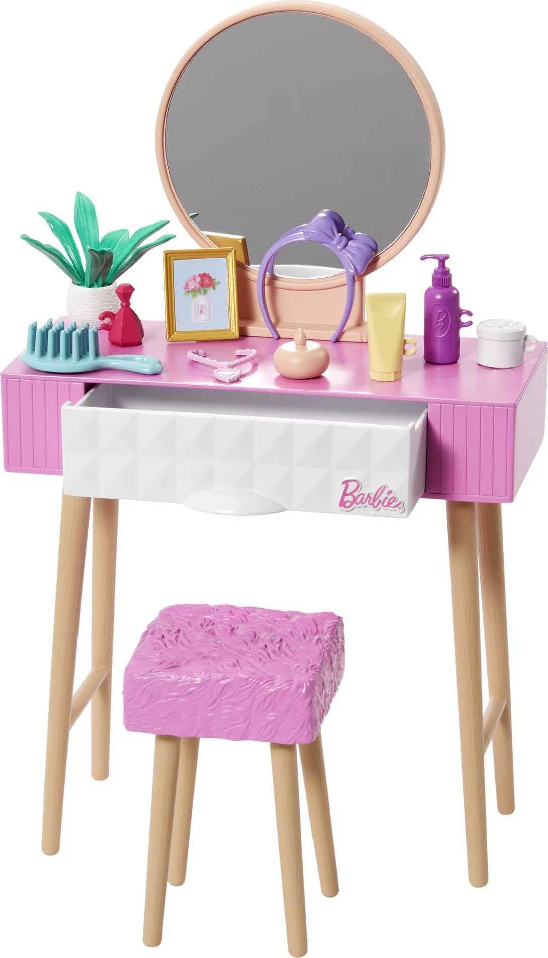Barbie Furniture & Accessories Set, Doll House Décor, 10+ Pieces for Vanity Including Stand with Mirror, Stool, Beauty Products & More