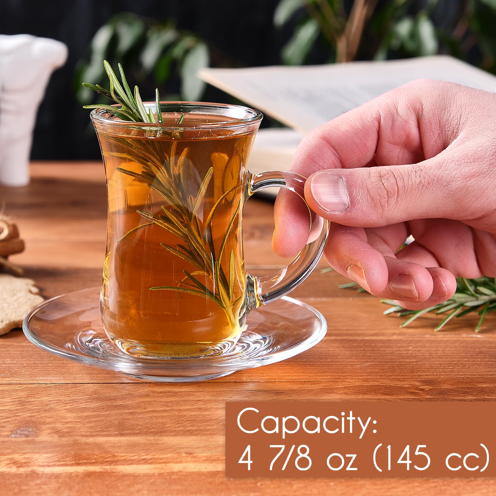 Volarium Small Turkish Tea Set 12 Piece Modern Turkish Tea Glasses & Saucers Set, 6 PCs 4.9 oz (145 cc) Clear Glass Tea Cups with Handle and 6PCs Glass Saucers