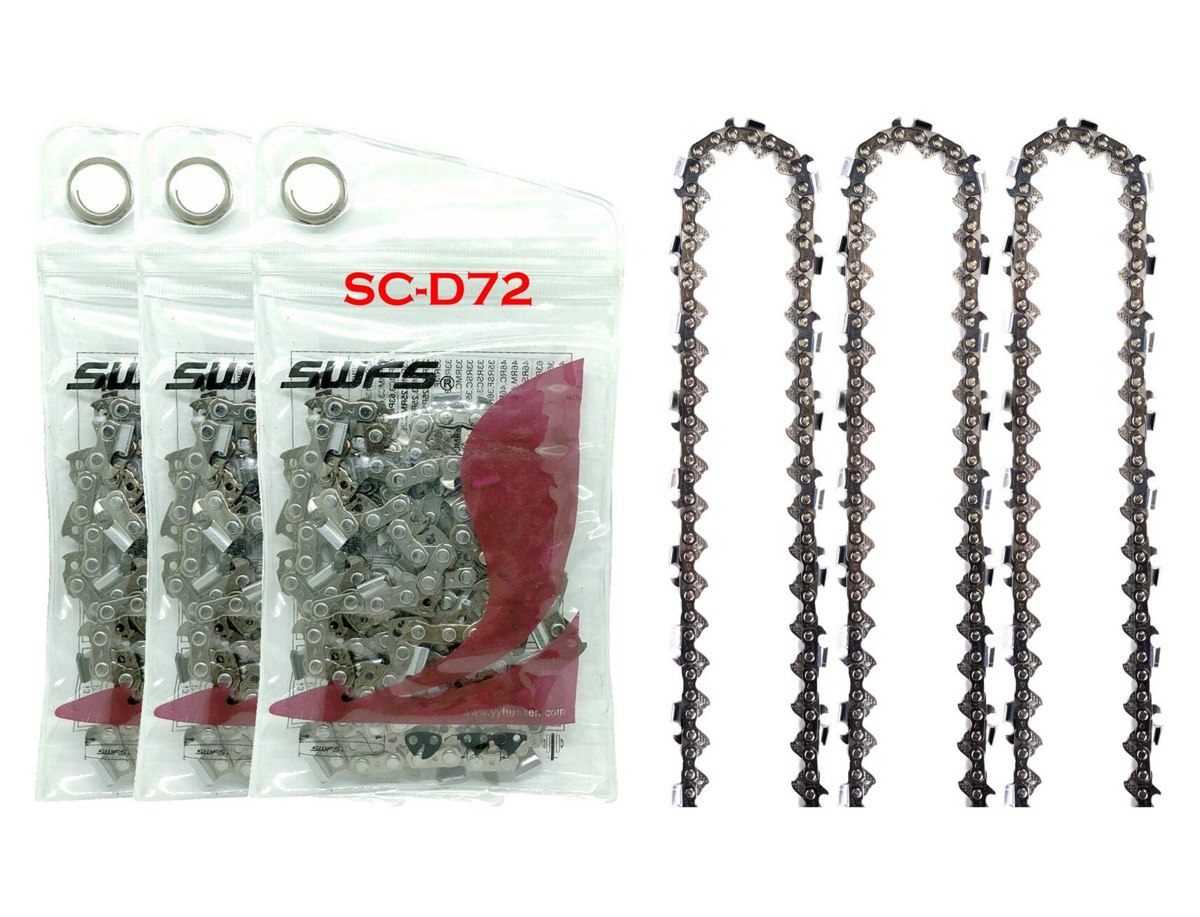 SWFS Reliable (3-PACK) Replacement D72 Full Chisel Saw Chain for 20 Inch Bar, Fits Husqvarna, Poulan, Craftsman, Makita, Stihl and others