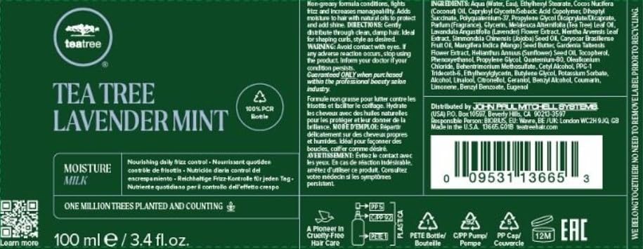 Tea Tree Lavender Mint Moisture Milk, Leave-In Conditioner, For Coarse, Curly + Dry Hair, 3.4 fl. oz.