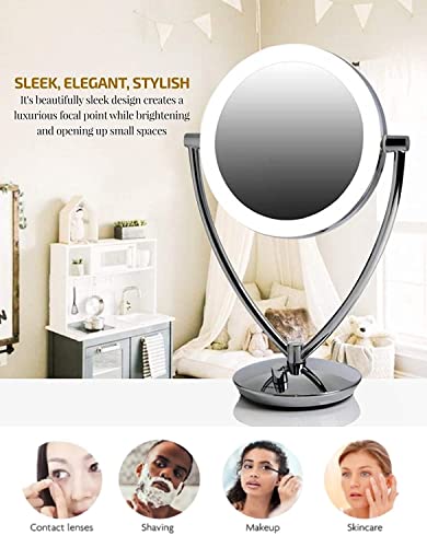 Ovente 8" Lighted Tabletop Makeup Mirror with 1X/10X Magnification, Double-Sided Magnifying Vanity Mirror, Dimmable LED Lights, 360° Swivel Design and Dual Power Supply, Polished Chrome MLT75CH1X10X