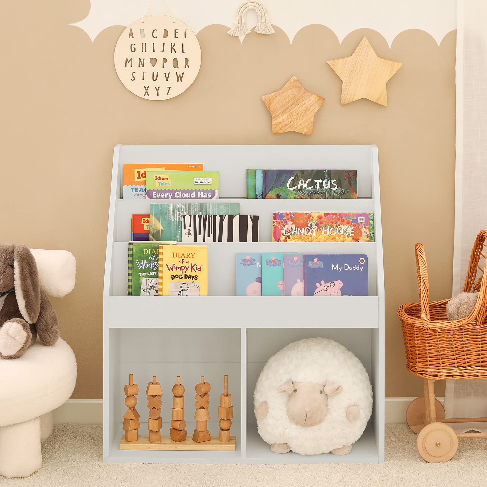 SoBuy Kids Book Shelf 3 Titers Children Bookcase, Toy Shelf Storage Display Shelf Rack Organizer Holder Playroom Nursery Classroom Library, White, KMB39-W