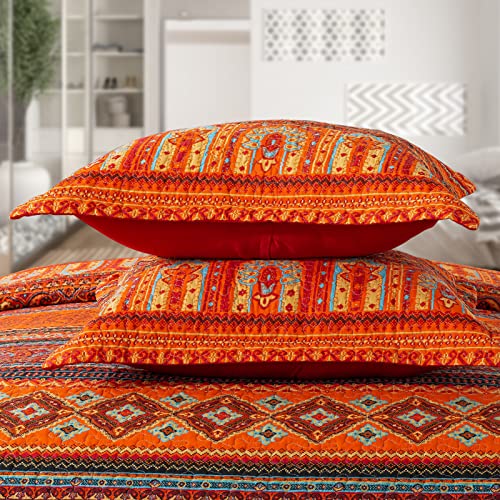 VAPUTAR Cotton Quilt Queen Size Bedding Set - 3 Pieces Queen Quilt Bedding Set, Boho Queen Size Quilts, Lightweight Reversible Coverlets Bedspreads for Farmhouse Bedroom (Red/Orange)
