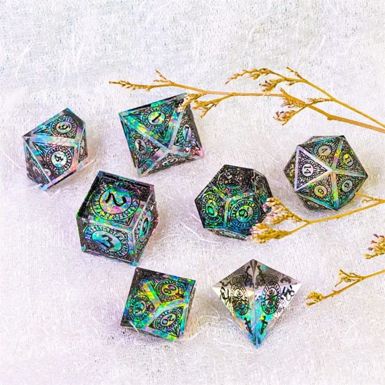 Clear Ancient Rune Wizard Sharp DND Dice Set with Leather Dice Box | for Dungeons and Dragons, D&D, Sharp Edge, D20 Polyhedral Resin Dice, Dungeons and Dragons Gifts, Accessories