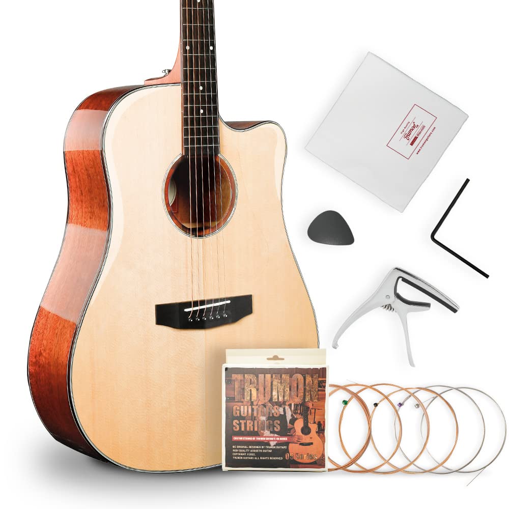 TRUMON Acoustic Guitar Solid Spruce Top for beginner Adult Full Size Dreadnought Cutaway Guitar Bundle with Gig Bag Strings Capo Pickguard Pick Right Hand