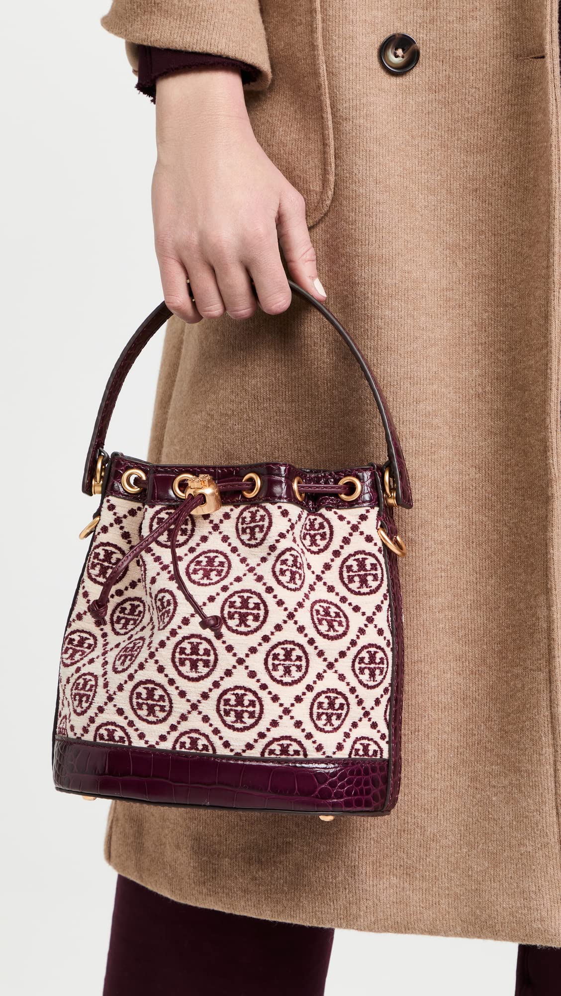 Tory Burch Women's T Monogram Chenille Bucket Bag, Claret/New Cream, Red, Graphic, One Size