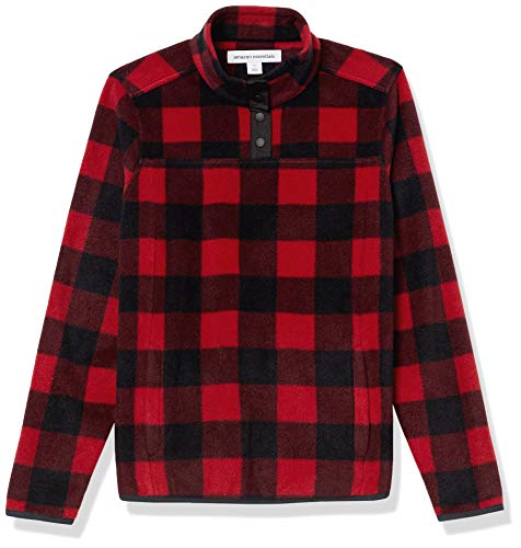 Amazon Essentials Women's Polar Fleece Long-Sleeve Mock Neck Relaxed-Fit Popover Jacket with Pockets, Black Red Buffalo Plaid, X-Large