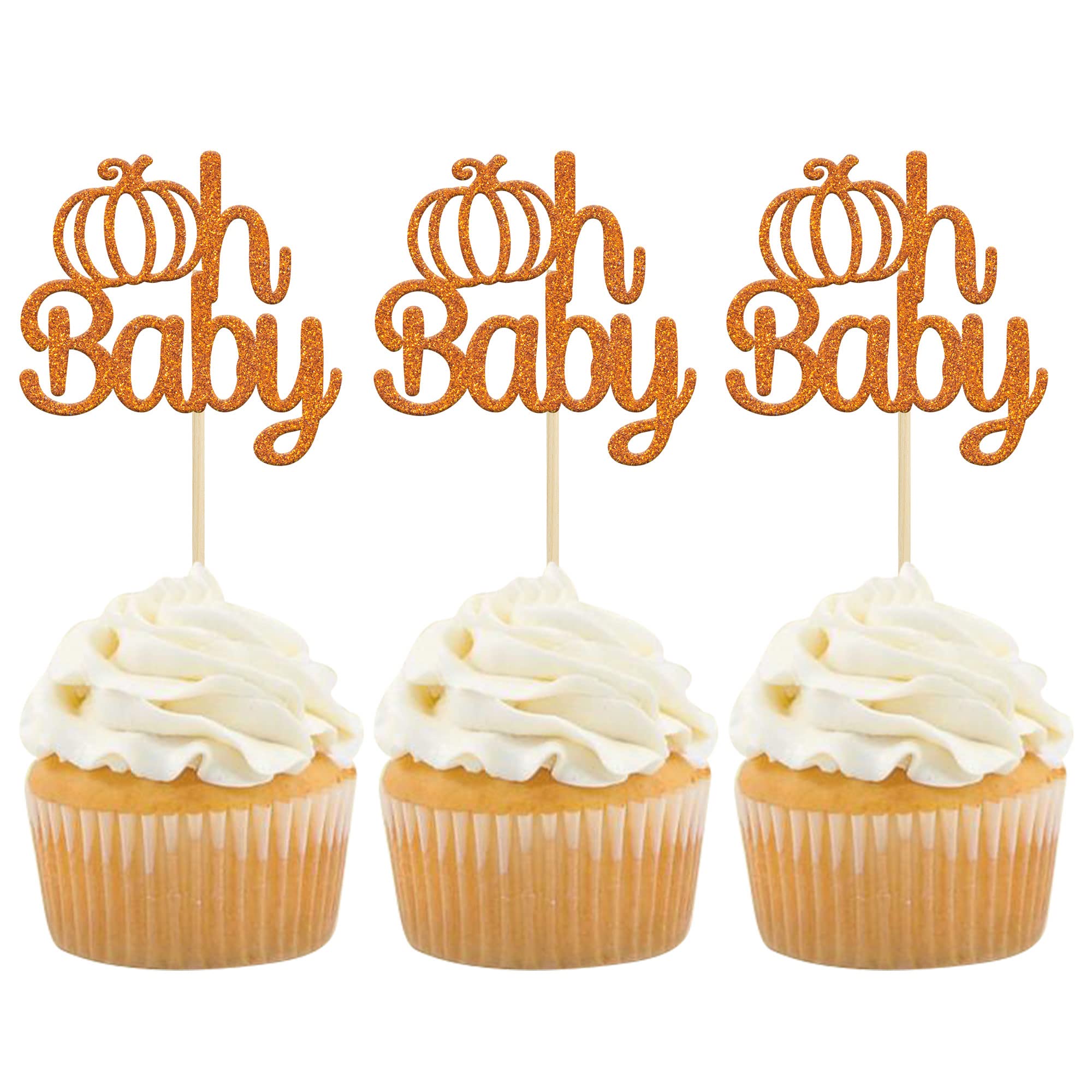 Gyufise 24Pcs Pumpkin Oh Baby Cupcake Toppers Orange Glitter Fall Theme Cupcake Picks Pumpkin Themed Baby Shower Birthday Thanksgiving Halloween Party Cake Decorations Supplies