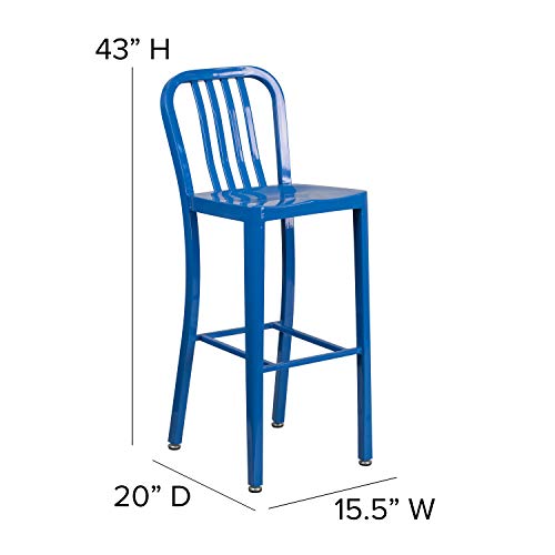 Flash Furniture Commercial Grade 30" High Blue Metal Indoor-Outdoor Barstool with Vertical Slat Back