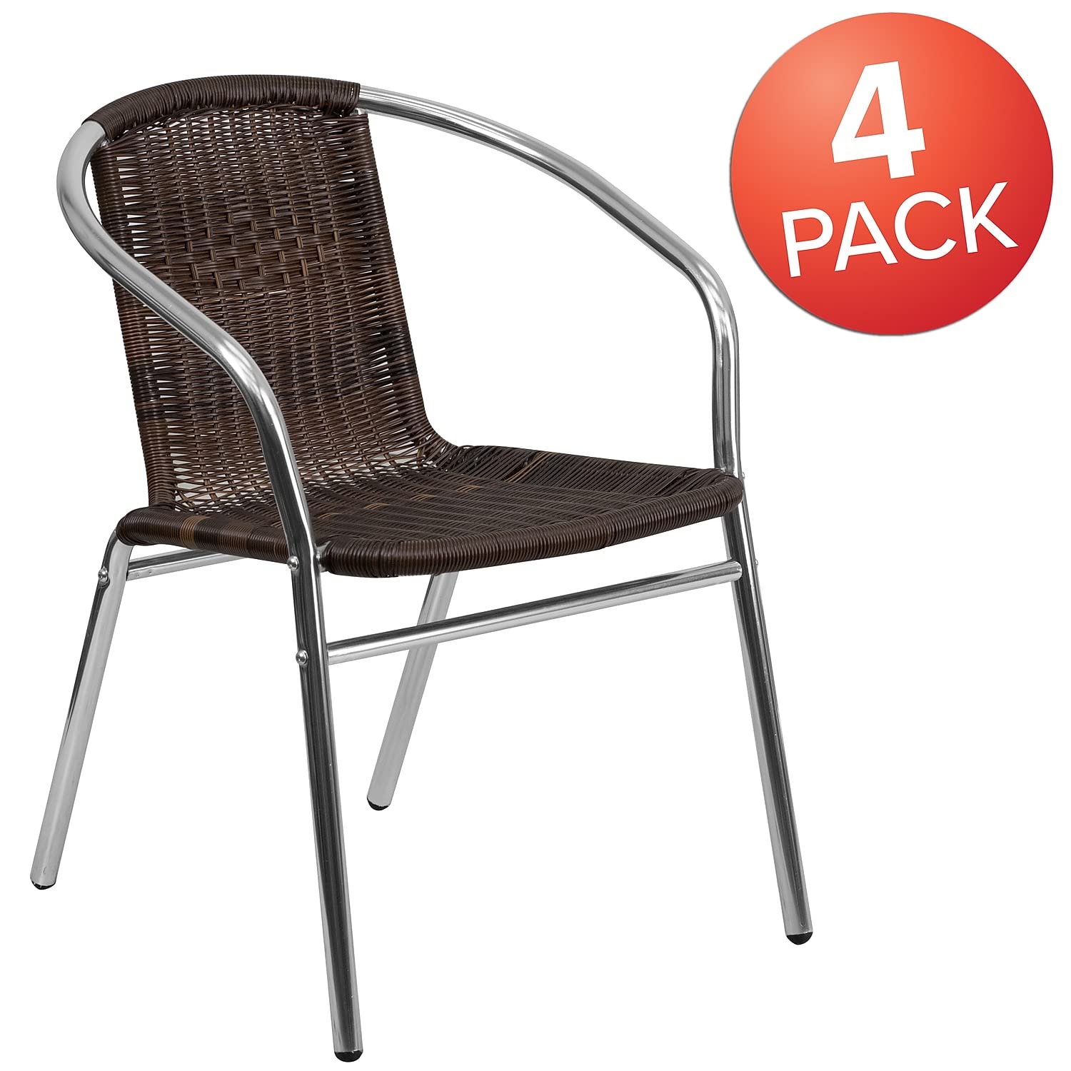 Flash Furniture Lila 4 Pack Commercial Aluminum and Dark Brown Rattan Indoor-Outdoor Restaurant Stack Chair
