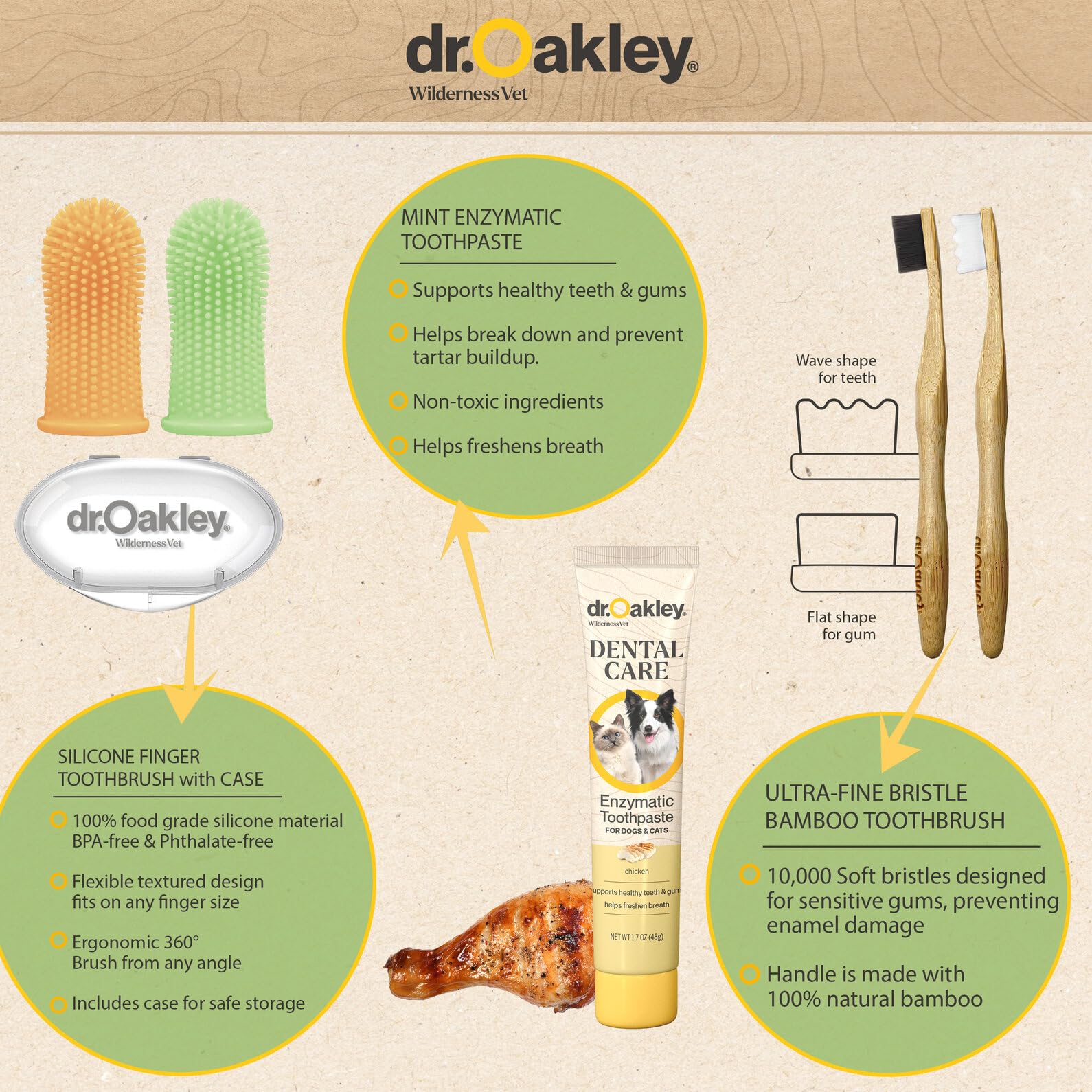 Dr. Oakley Total Dental Care Kit for Dogs & Cats: Chicken Flavor -Toothpaste, Brushes, and Case, Natural