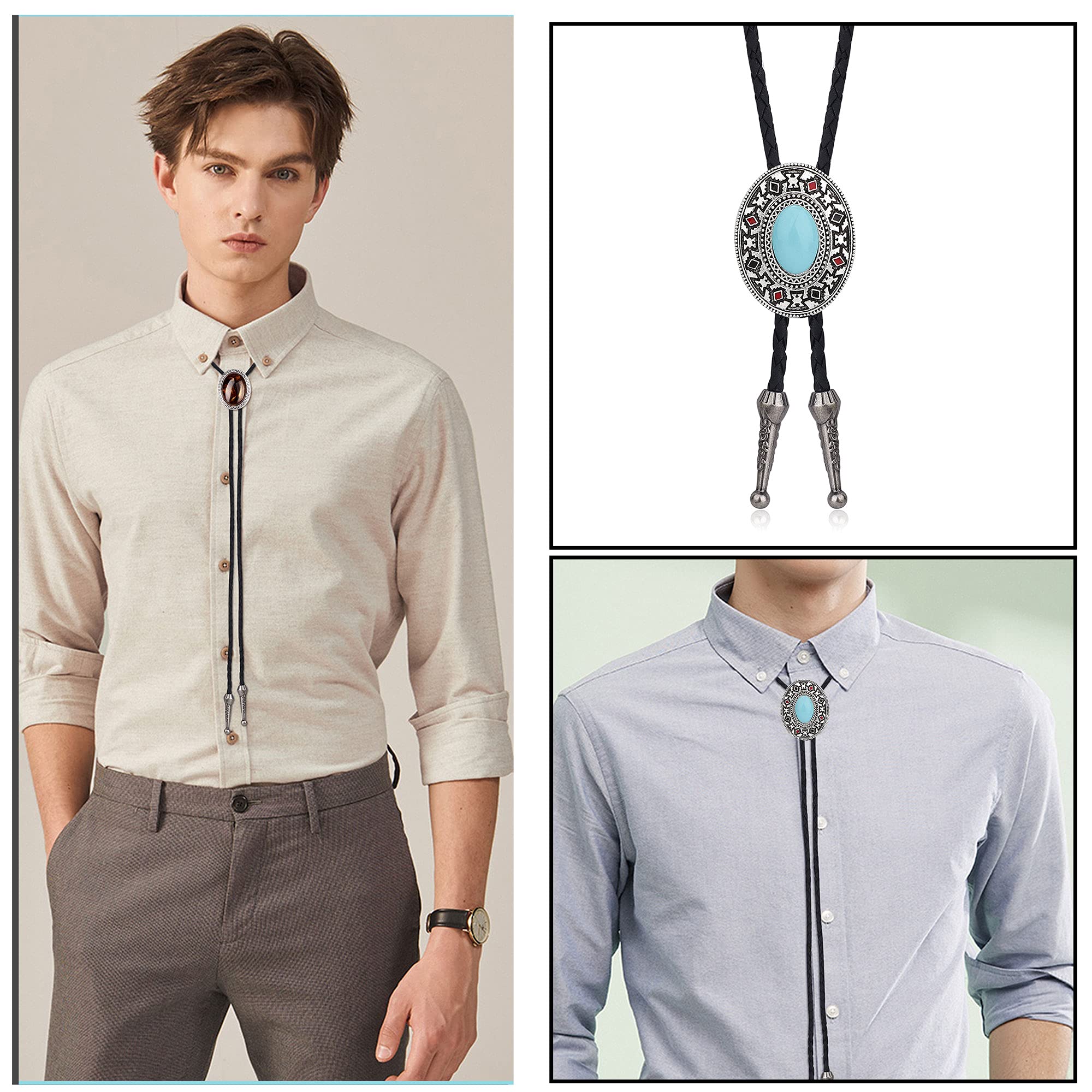 IRONBOX 5Pcs Bolo Tie for Men Handmade Western Cowboy Leather Necktie Totem Element Halloween Costume Accessories
