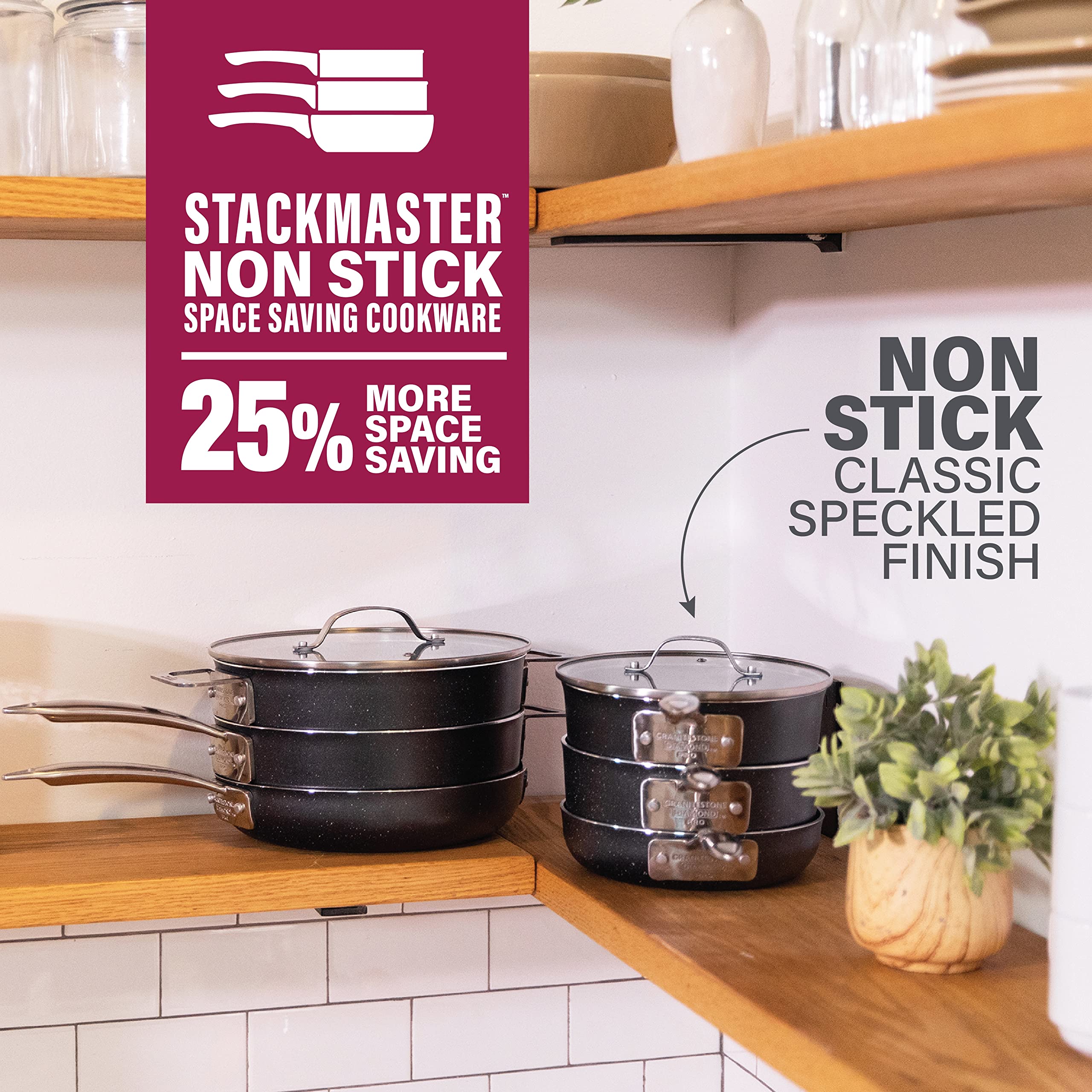 Granitestone Stackable Pots and Pans Set Nonstick, 10 Piece Space Saving Complete Kitchen Cookware Set with Ultra Nonstick Mineral & Diamond Coating, Oven & Dishwasher Safe, Healthy & Toxin Free-Black