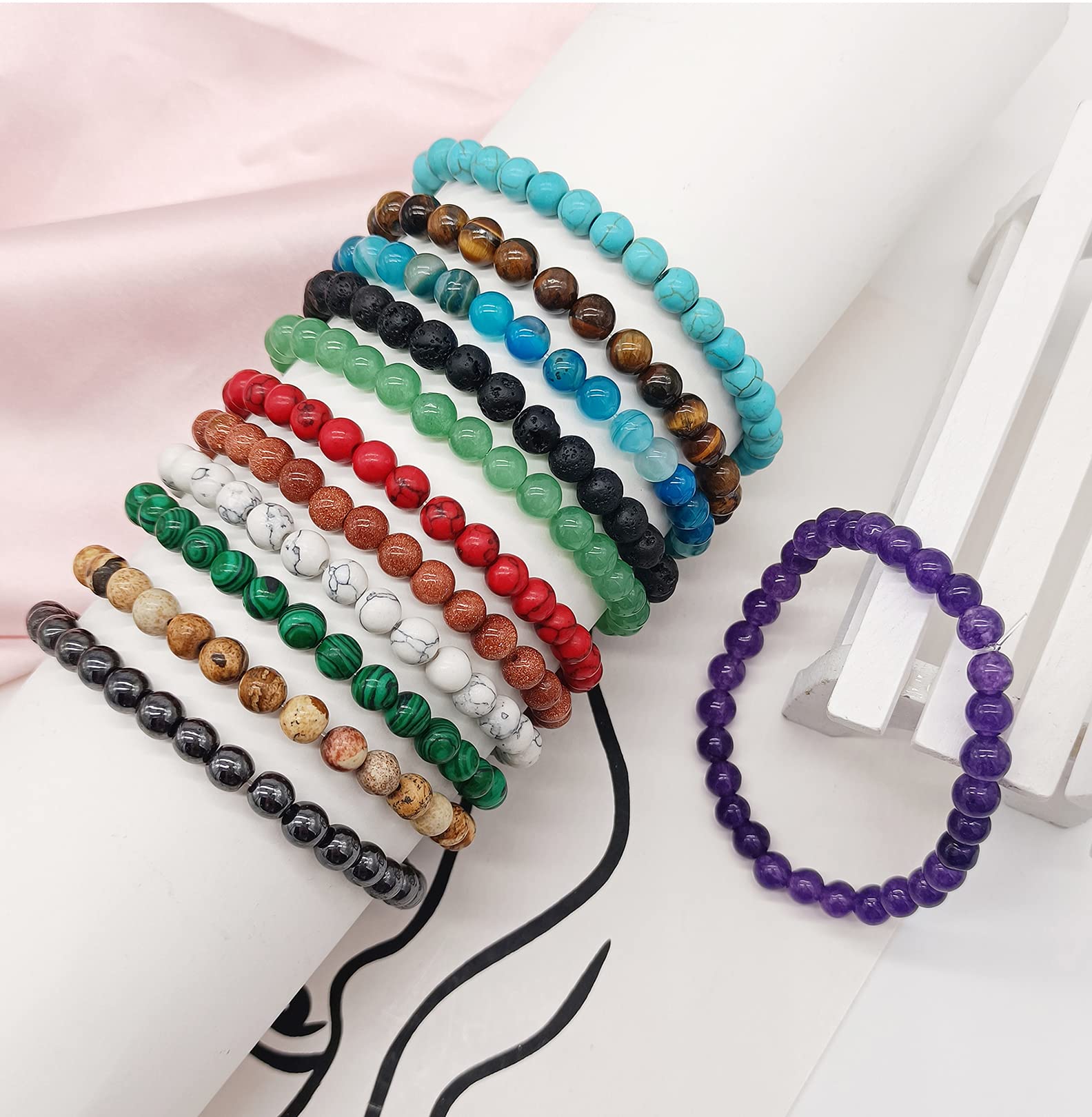 SAMOCO 12PCS 6mm Gemstone Beaded Bracelets for Women Tiny Crushed Stone Crystal Bracelet Beaded Couples Stretch Unisex Stretch Bracelets Jewelry
