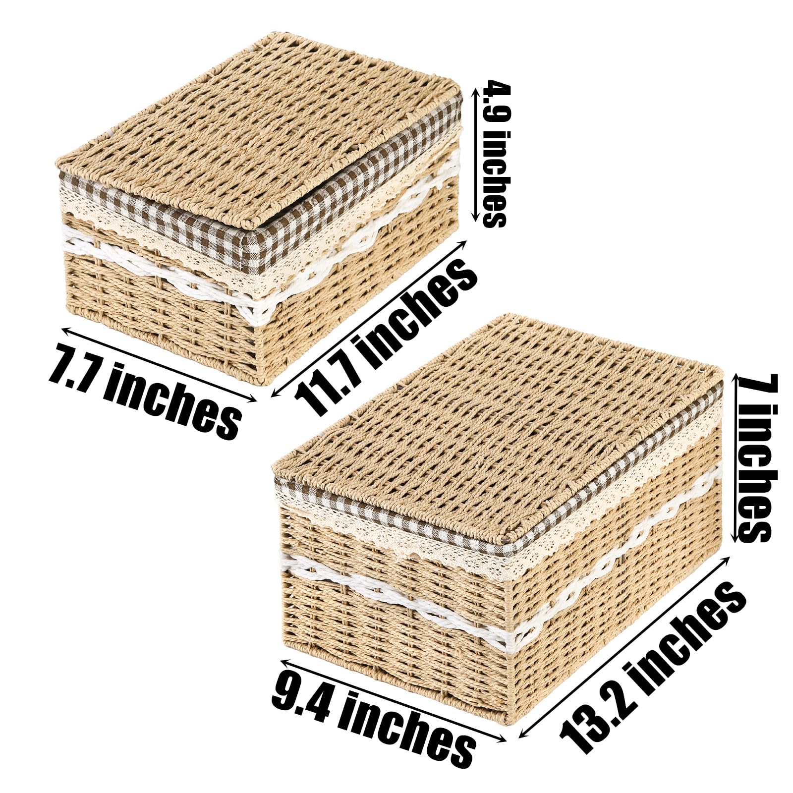 Coloch 2 Pack Paper Rope Woven Storage Basket with Lid, Decorative Wicker Storage Bins with Removable Liner Stackable Shelf Baskets for Countertop, Toys, Towels, Small Household Items, 2Sizes