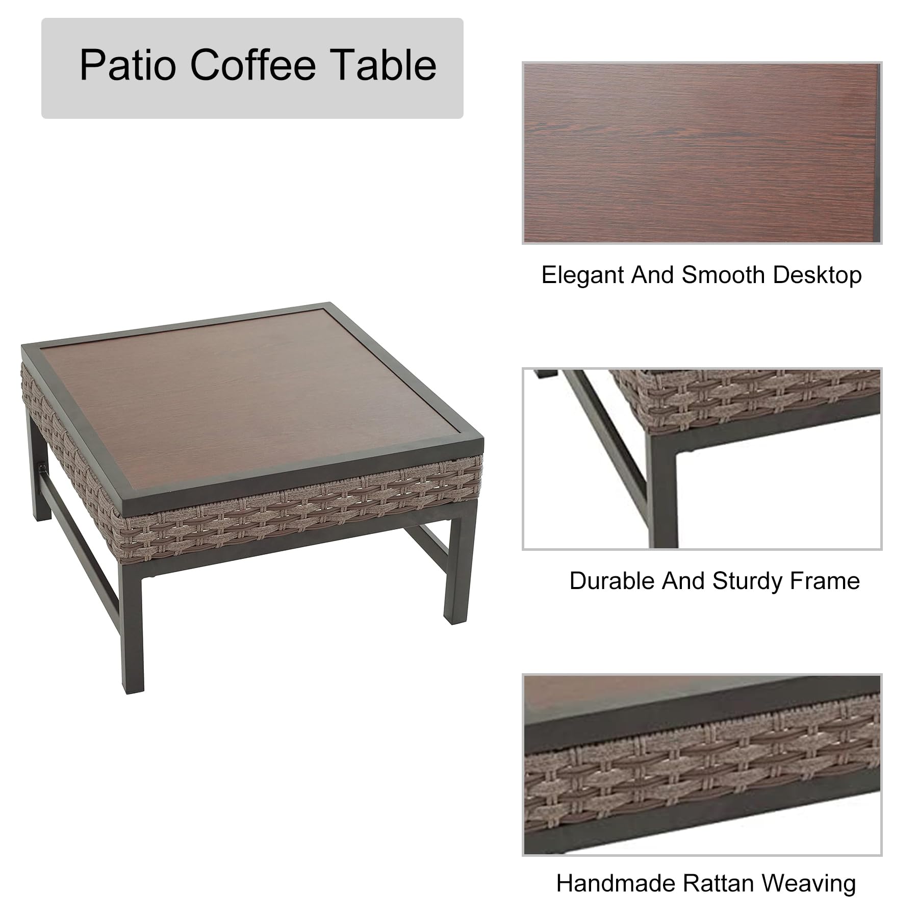 LOKATSE HOME Outdoor Patio Dining Square Bistro Coffee Side Slatted Metal Steel Wicker Frame Aluminum Plastic Plate Furniture End Table for Garden Lawn Poolside, Grey