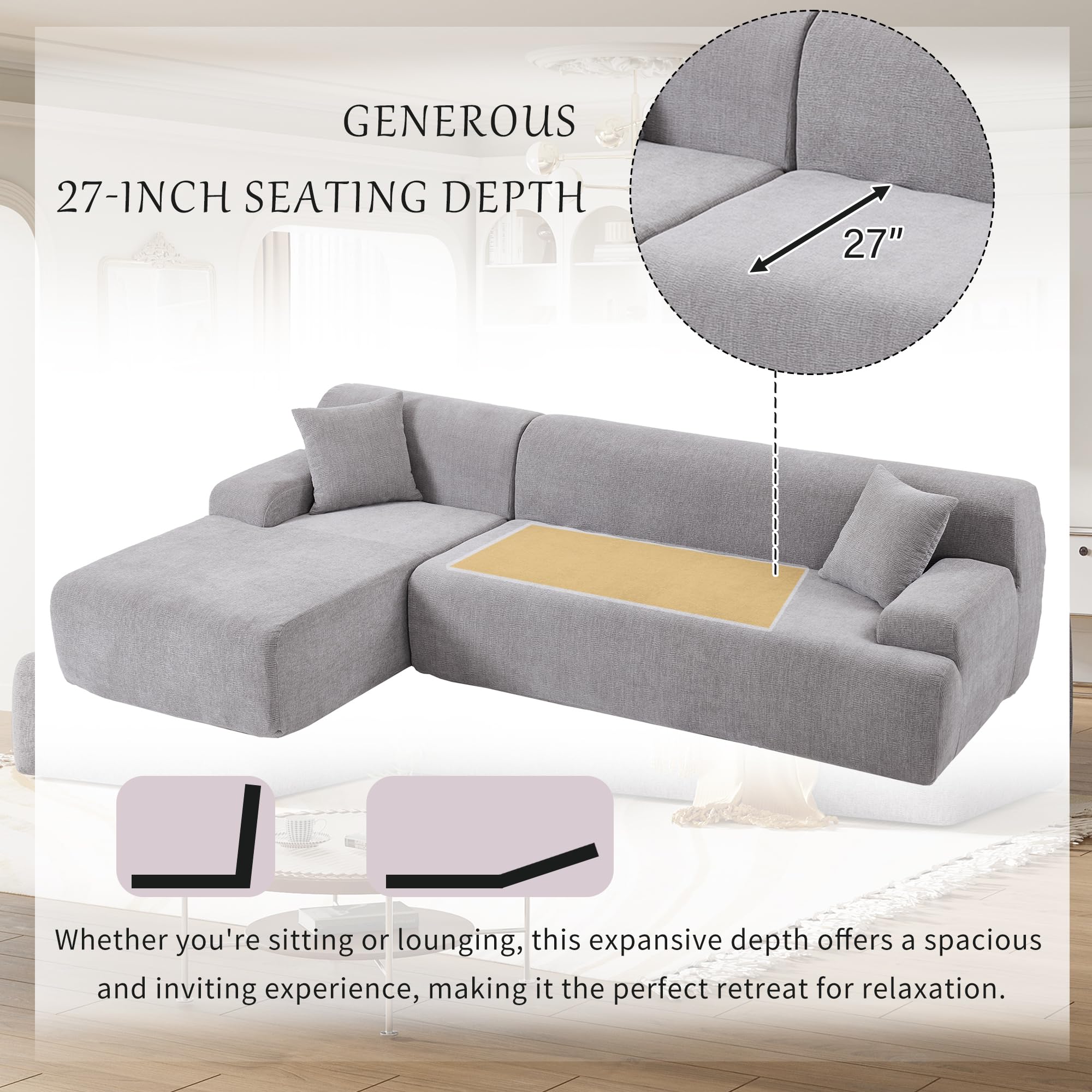 BAMOOLI 109'' Modular Sectional Couch, Modern L-Shape Floor Sofa with Chaise Lounge, Comfy Chenille Fabric Sponge Sofa Couch, Upholstered Corner Cloud Couch for Living Room, Bedroom, Apartment, Grey