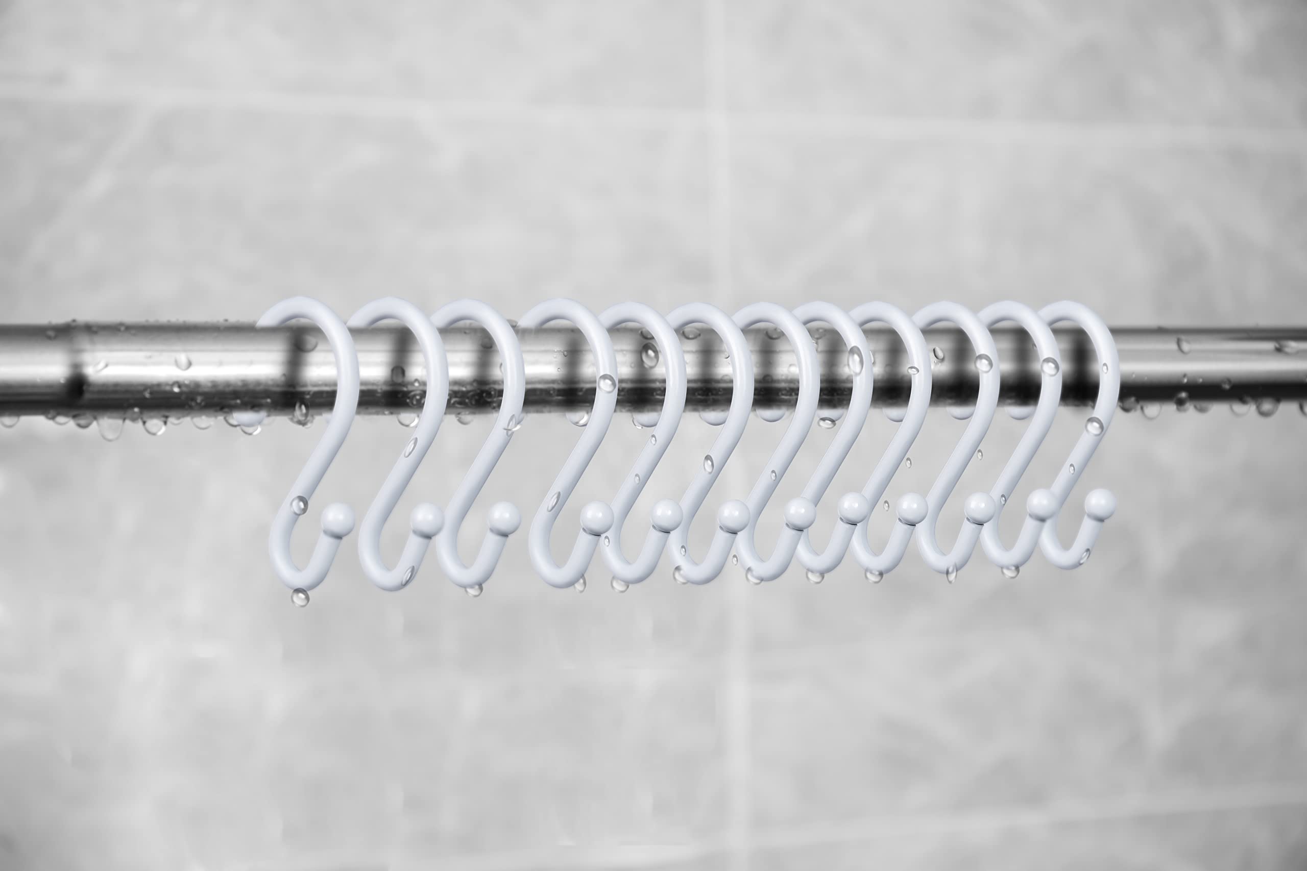 Stainless Steel S Shaped Hooks Rust Proof Set of 12 Hanger Rings for Bathroom Shower Curtain (White)
