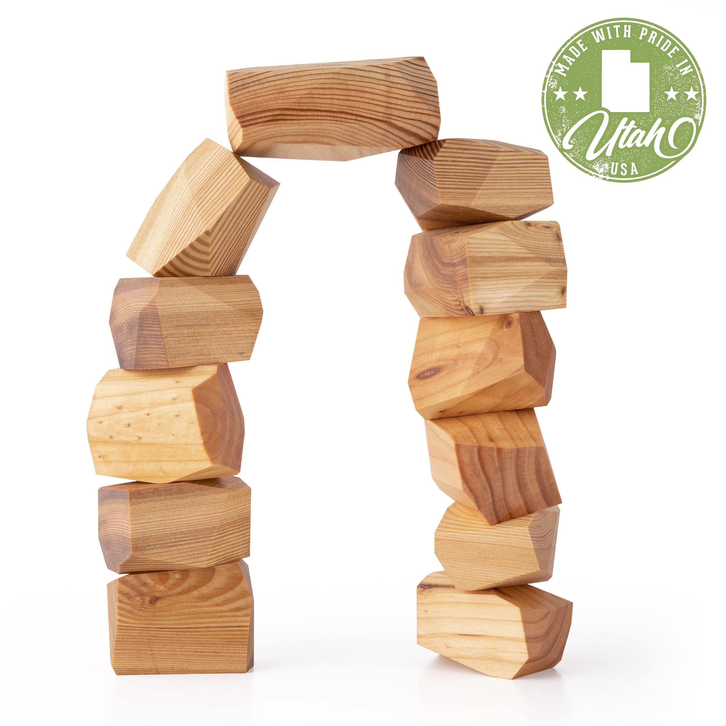 PERCHED Natural Pine Stacking Rocks, Large Wooden Blocks, Montessori Puzzle Game, Toddler Toys For Classroom, Wood Balancing Stones Set (12 Pc)