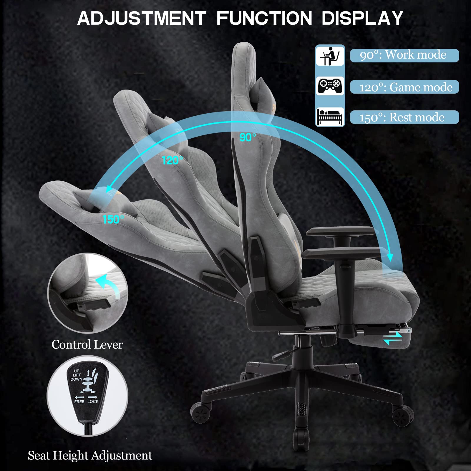 symino Gaming Chair Ergonomic Office Chair Racing Style Computer Chair with 3D Armrest, Vintage Style PU Leather PC Chair with Footrest (Grey)