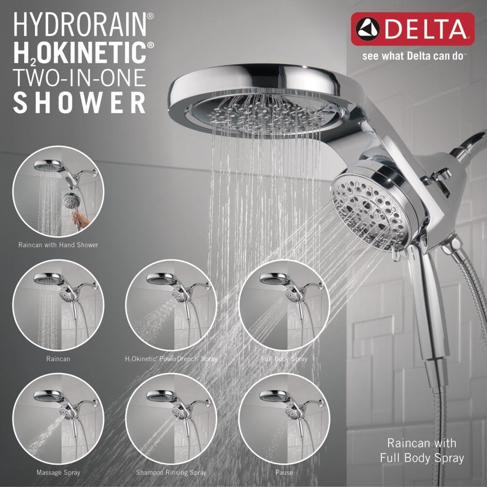 Delta Faucet HydroRain 5-Spray H2Okinetic Dual Shower Head with Handheld Spray, Chrome Shower Head with Hose, Handheld Shower Heads, Detachable Shower, 2.5 GPM Flow Rate, Lumicoat Chrome 58680-PR25