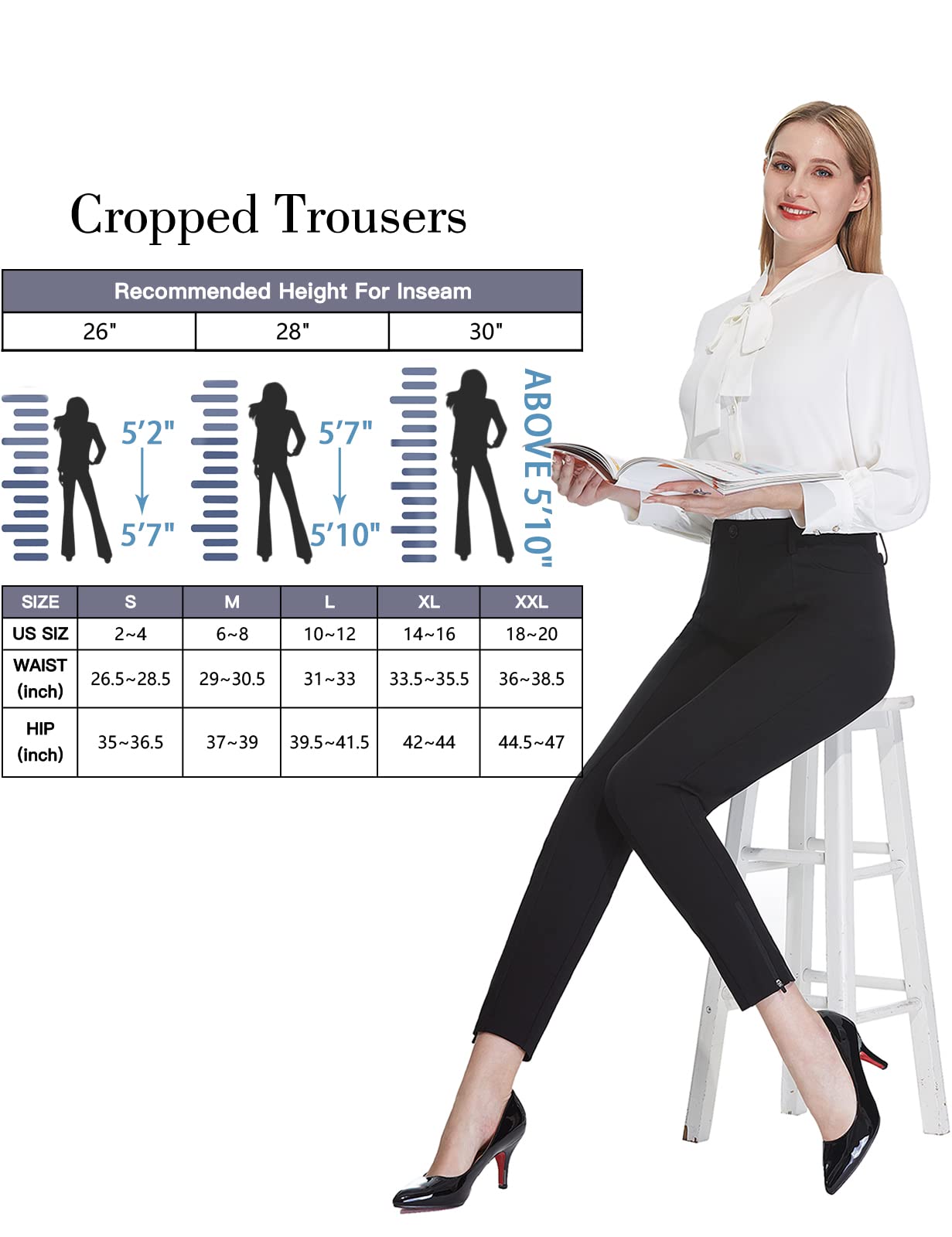 Tapata Women's Open-Ankle Slim Pants Petite/Regular/Long Length Slacks Business Casual Office Pants 26"/28"/30" Inseam Black M