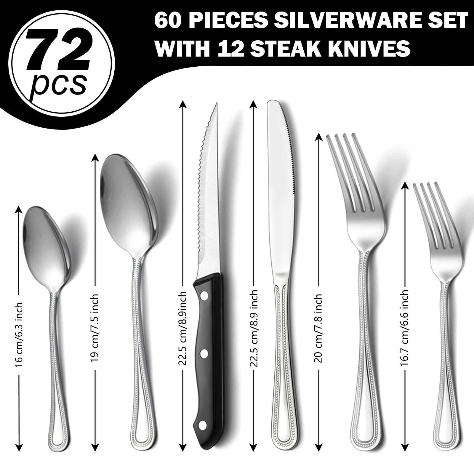 Unokit 72-Pieces Silverware Set with Steak Knives, Heavy Duty Stainless Steel Silverware Set for 12, Flatware Utensils Cutlery Set for Home/Kitchen, Mirror Polished, Dishwasher Safe