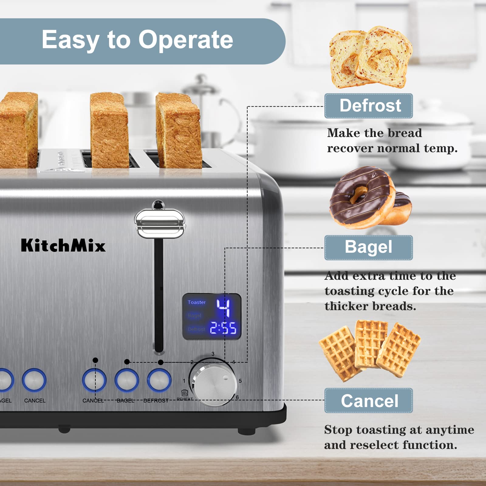 Toaster 4 Slice, KitchMix Bagel Stainless Toaster with LCD Timer, Extra Wide Slots, Dual Screen, Removal Crumb Tray (Stinless steel)