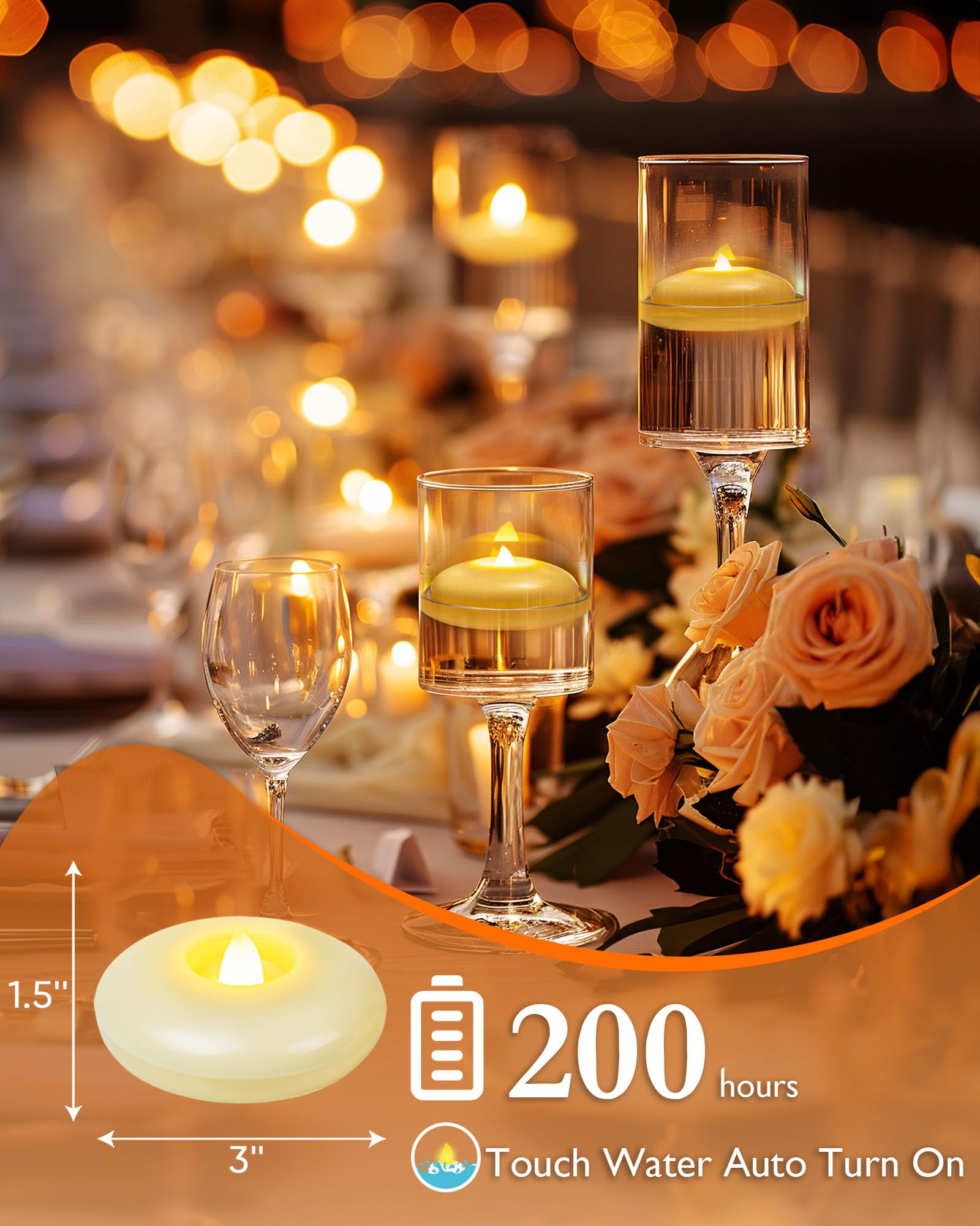 Homemory 24 Pack 3β Flameless Led Floating Candles, 200 Hour Battery Operated Flickering Waterproof Tealights for Cylinder Vases, Centerpieces at Wedding, Party, Pool, Holiday (Ivory Base)