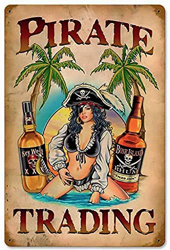QISPIOD Pirate Trading Sign Home Decoration Accessories Metal Plates Tin Sign Metal Wall Art Pirate Flag Game Rooms Garden Bar Coffee Shop Restaurant Home Bedroom Garage Room Decor Vintage 8x12inch