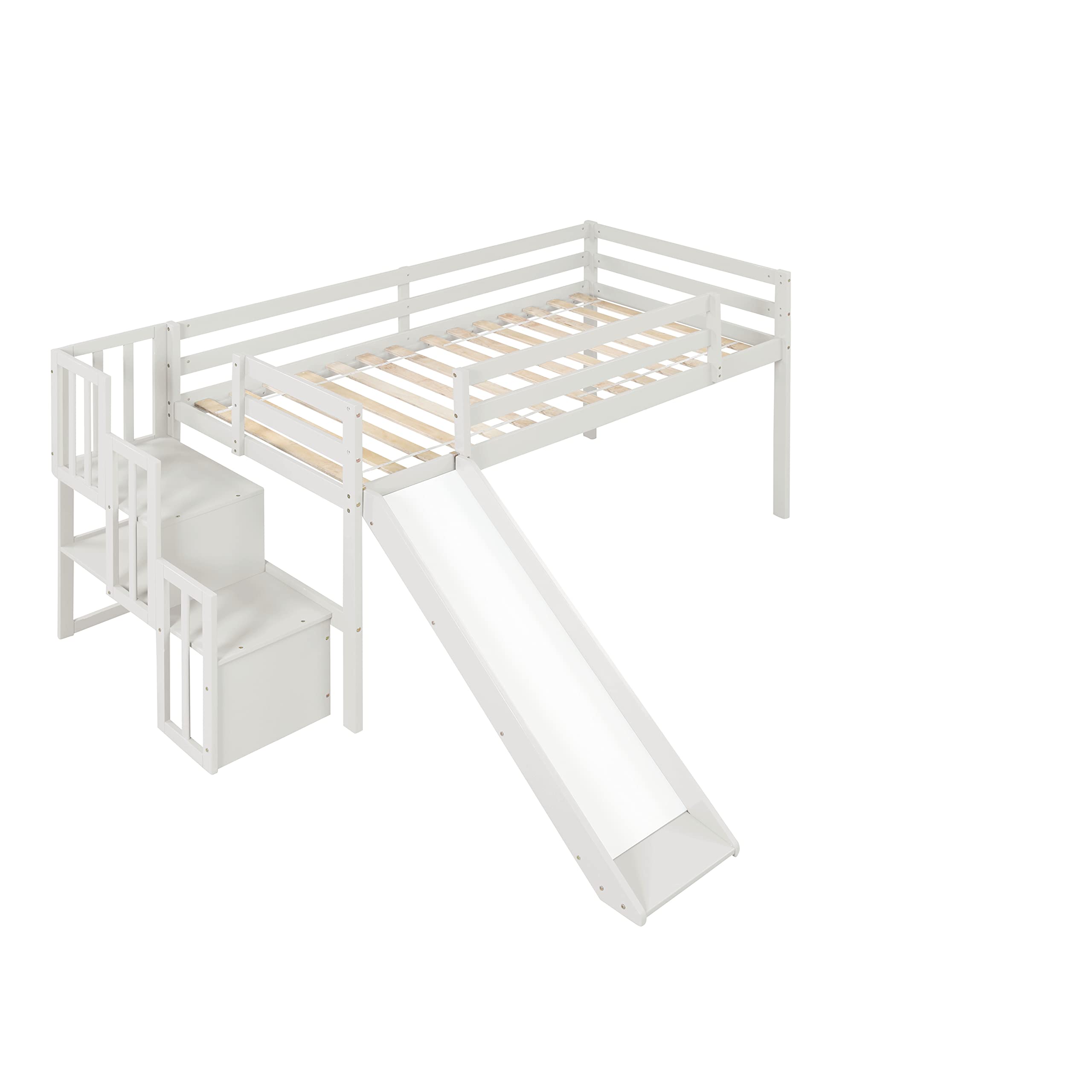 Harper & Bright Designs Kids Twin Loft Bed with Slide, Low Loft Bed Frame with Stairs and Storage Shelves, Slide Loft Bed for Boys and Girls, No Box Spring Needed,White