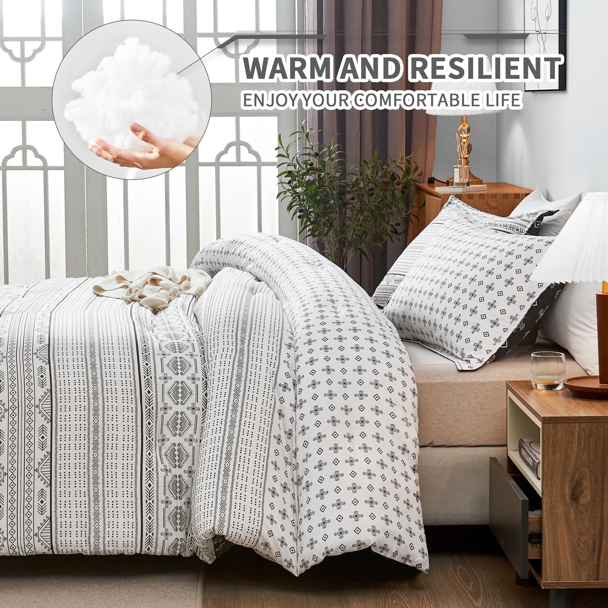 Andency Black White King Size Comforter Set, 3 Pieces Bedding Comforter Sets (1 Geometric Striped Comforter & 2 Pillowcases), Bohemian Summer Lightweight Microfiber Down Alternative Bed Set