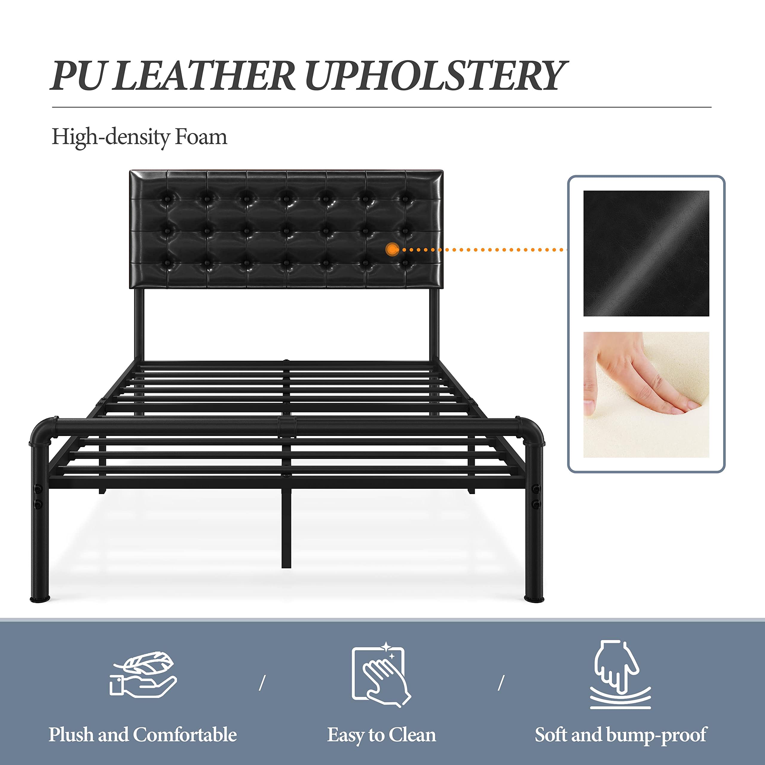 Yaheetech Full Bed Frame Metal Platform Bed with Faux Leather Height-Adjustable Headboard, 12 Inch Underbed Storage/Noise Free/No Box Spring Needed/Industrial Pipe Foot End, Elegant Brown Full Bed