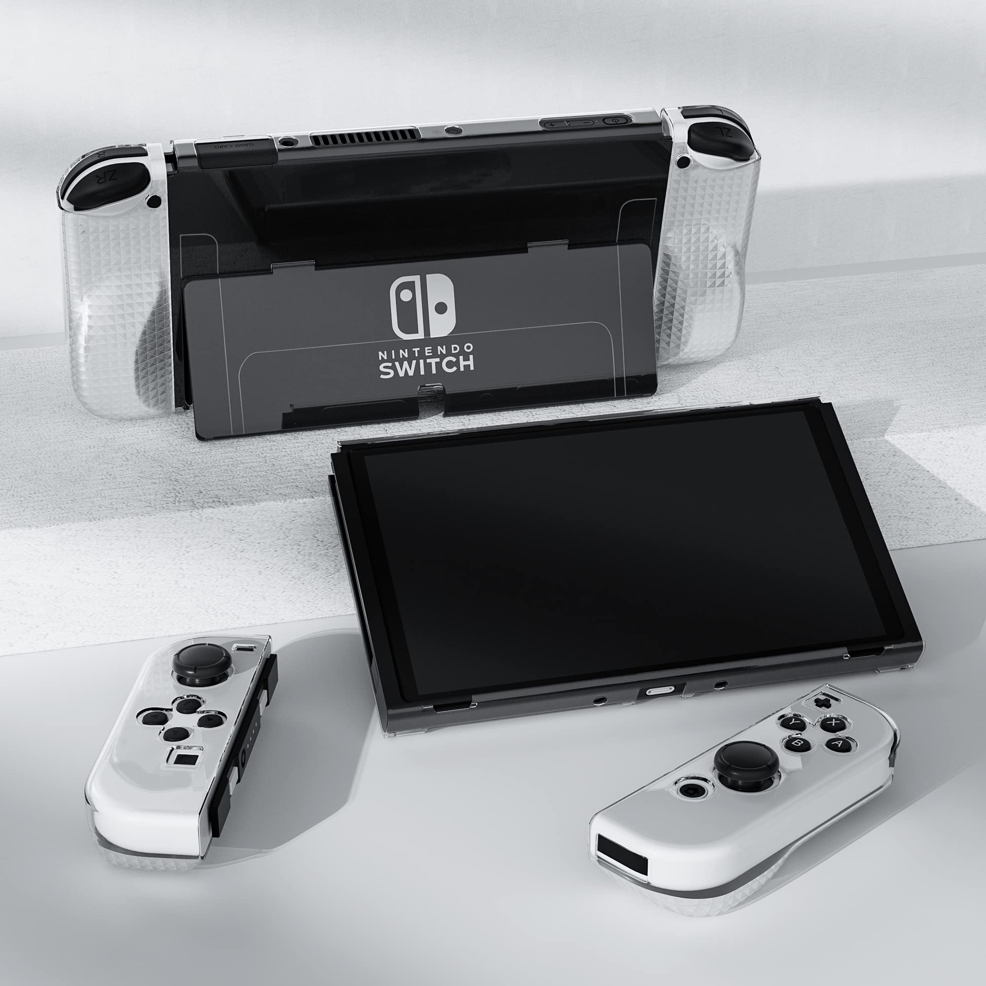 Upgraded Version - FANPL Clear Case Compatible with Nintendo Switch OLED, Dockable Case Cover for Switch OLED, Hard PC Console Shell and Soft TPU Ergonomic Joycon Case with Transparent Lattice Pattern