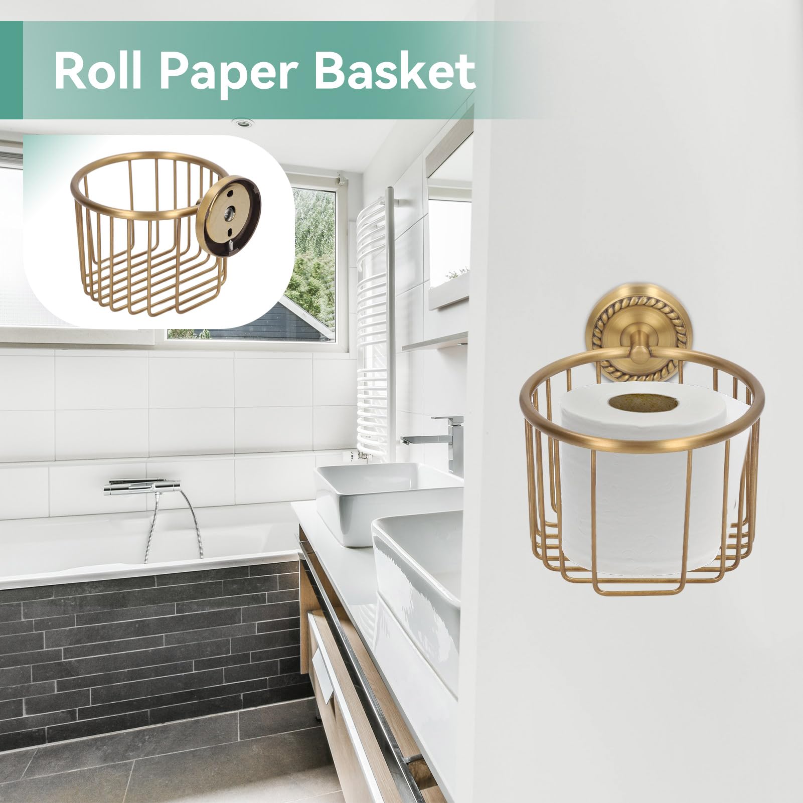 Toilet Paper Holder Stand, Brass Toilet Tissue Organizer Wall Mounted Toilet Paper Holder Tissue Roll Storage Rack Bathroom Tissue Organizer Tissue Roll Basket Rack for Bathroom