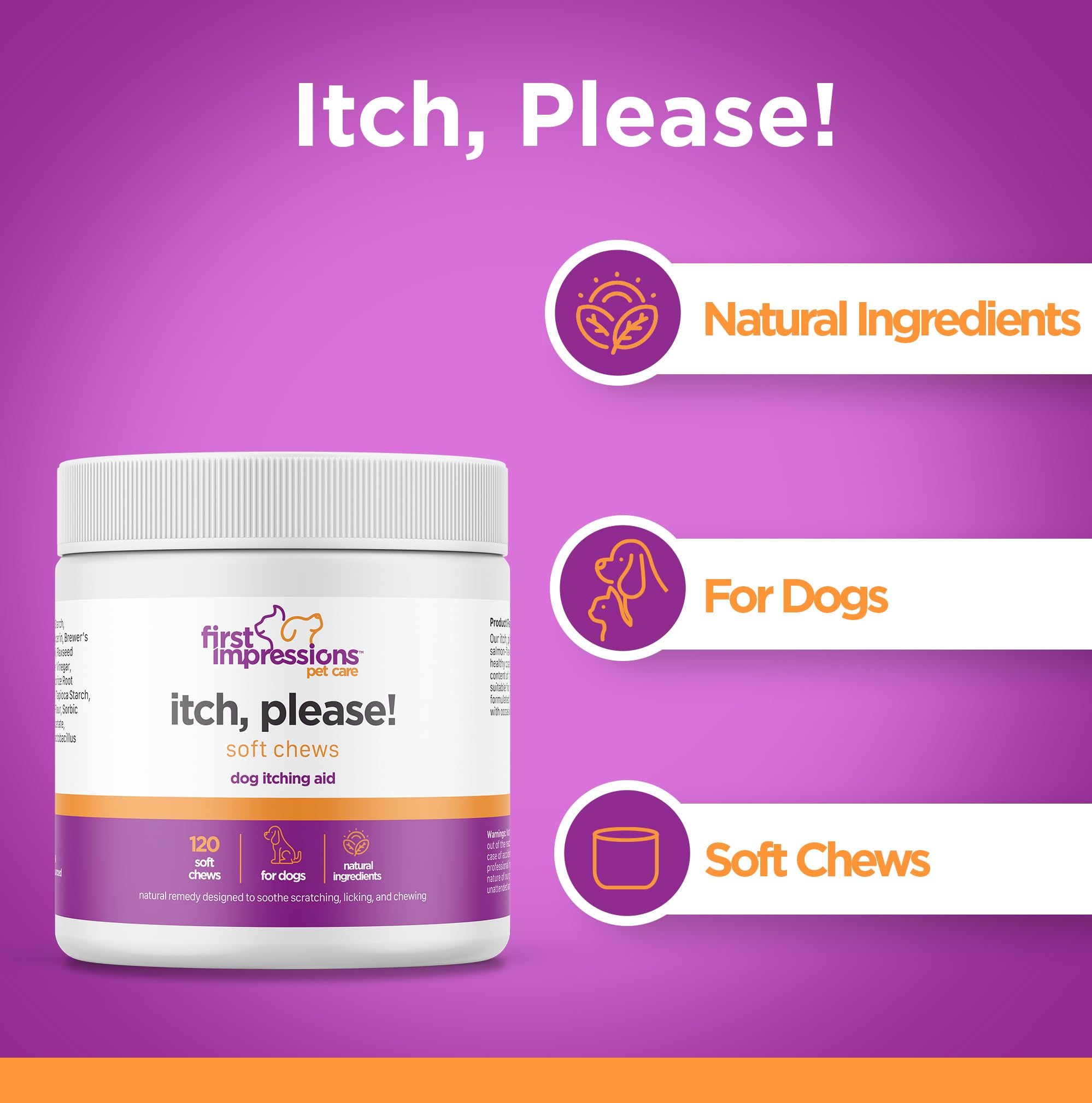 First Impressions Itch, Please! Dog Allergy Chews - Dog Allergy Relief - Stop Licking, Scratching and Chewing - Apple Cider Vinegar, Probiotics, Turmeric - Allergy Relief for Dogs Itching - 120 ct