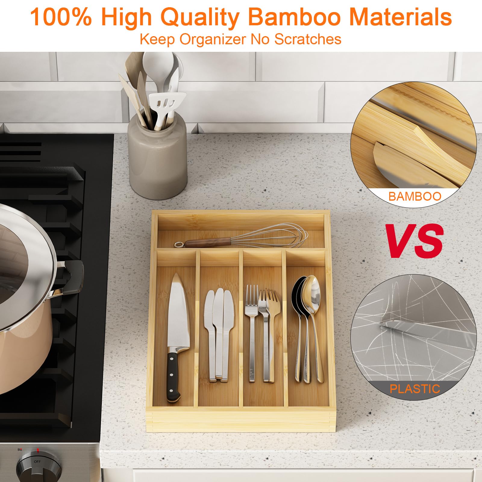 Youpehom Bamboo Utensil Organizer for Kitchen Drawers, Utensil Tray and Cutlery Silverware Holder,Wood Drawer Dividers with 5 Slots