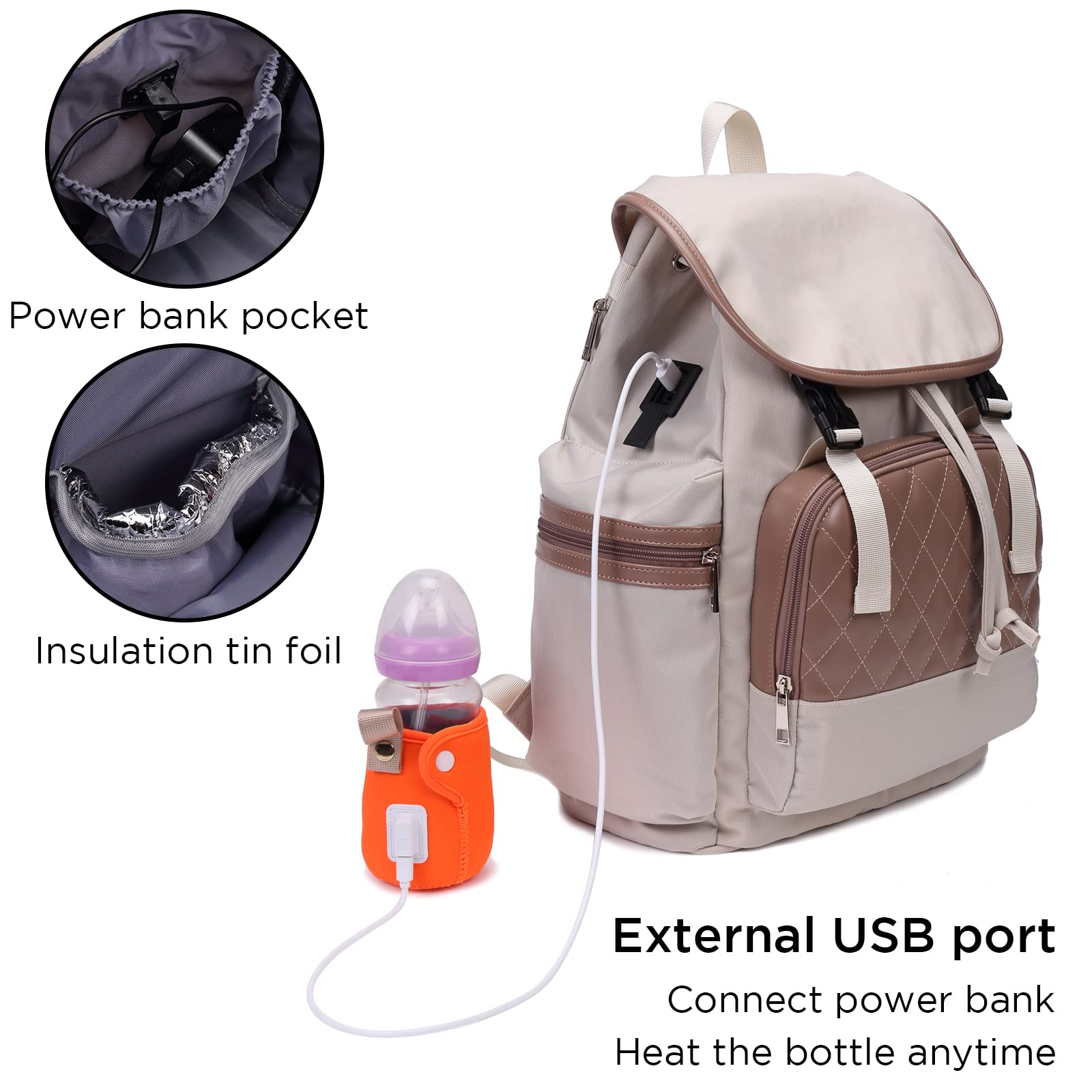 ARDIKAMA Diaper Bag Backpack Baby Diaper Bags for Mom Waterproof Travel Backpack with Charging Port Black，Heating Bottle Cover Dark Grey