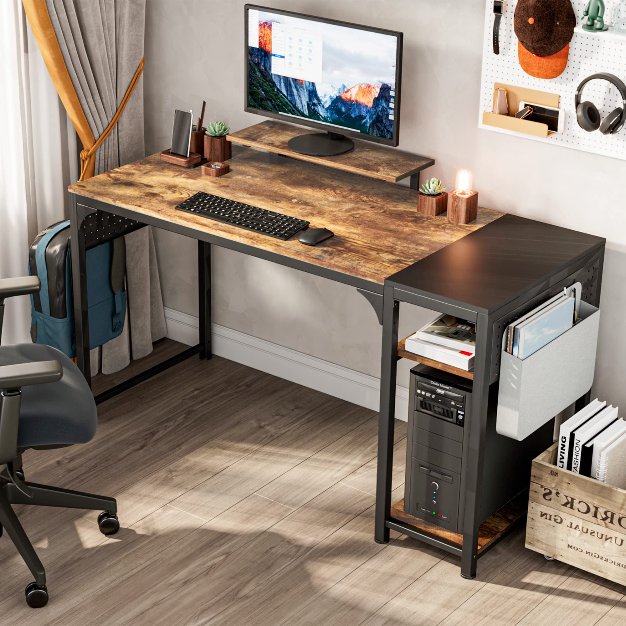 DESIGNA 55 Inch Home Office Computer Desk with Monitor Stand Storage Shelves, Study Writing Moder PC Computer Gaming Desk Large Workstation with 2 Hooks & Storage Bag,Easy Assembly,Rustic Brown/Black