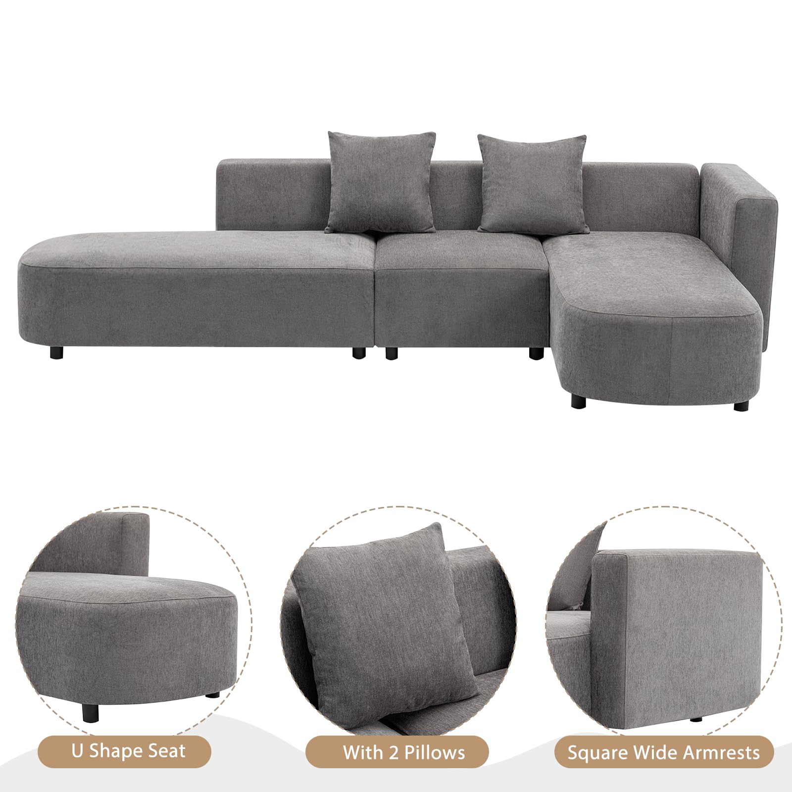CALABASH Modern L Shaped U Style Seat Couch, Left Facing Sectional Modular Sofa, Convertible Upholstered 3-5 Seater Couches with 2 Pillows for Living Room, Bedroom, Office(Grey, 3 Seater Sofa)