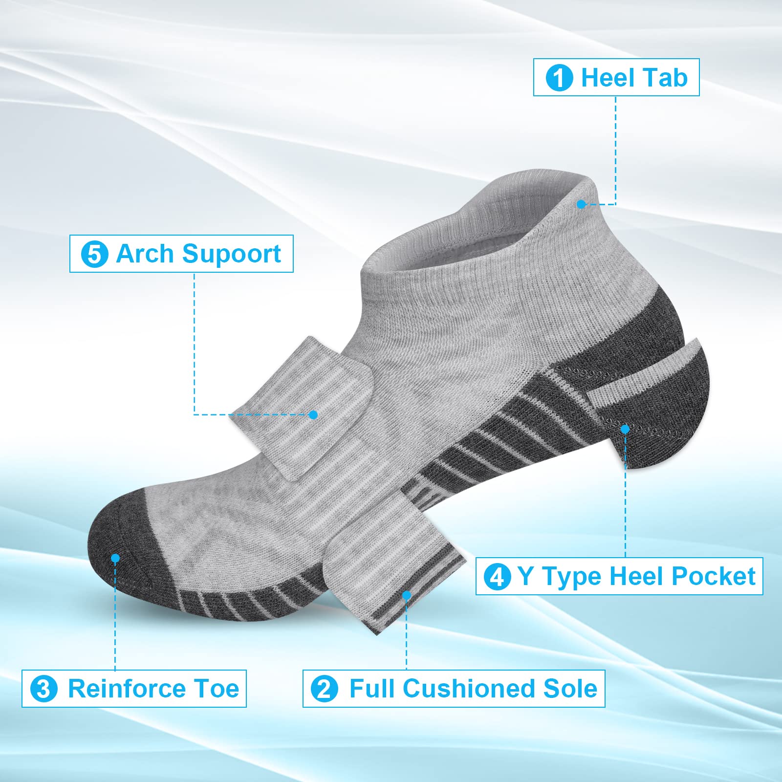 Aganear Athletic Running Socks, Sports Socks for Men Women, Cushioned Breathable Ankle Socks with Arch Support, 6 Pairs (6-9, Grey)