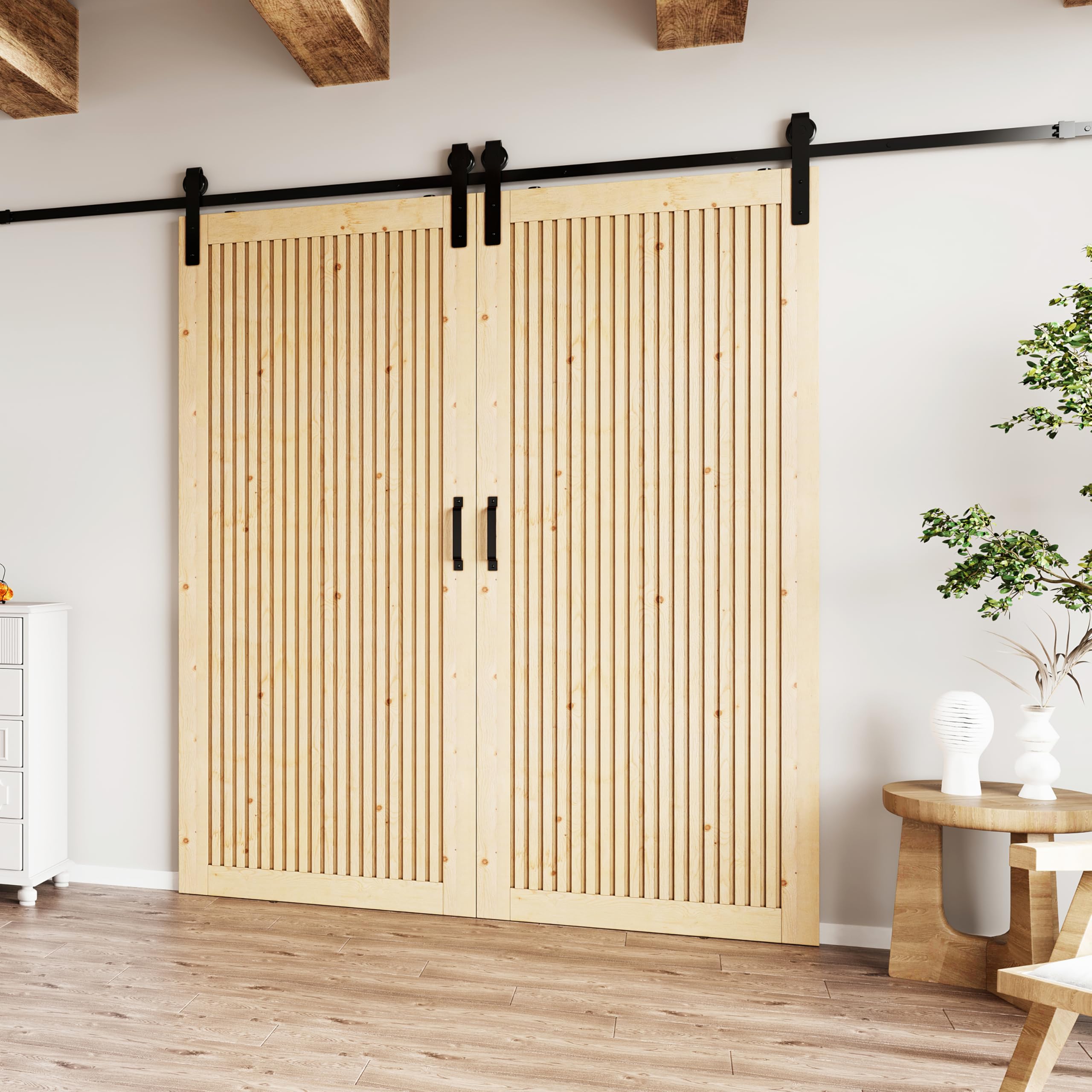 BARNER HOME 72"(Double 36") x 84" Sliding Barn Door with 6.6ft Barn Door Hardware Kit & Handle, Pre-Drilled Ready to Assemble, K Frame Planks