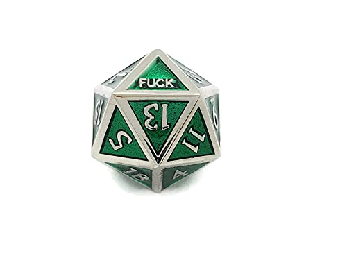 Green Metal D20 F*** Dice Critical Fail F 20 Sided Die Set DND Silver Chrome Color Number for Role Playing Game Dungeons and Dragons D&D Pathfinder Shadowrun and Math Teaching
