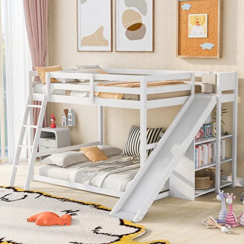 BOVZA Full Over Full Bunk Beds with Slide, Wood Floor Low Bunk Bed Frame with Storage Shelves and Ladder for Kids Boys Girls Teens, White