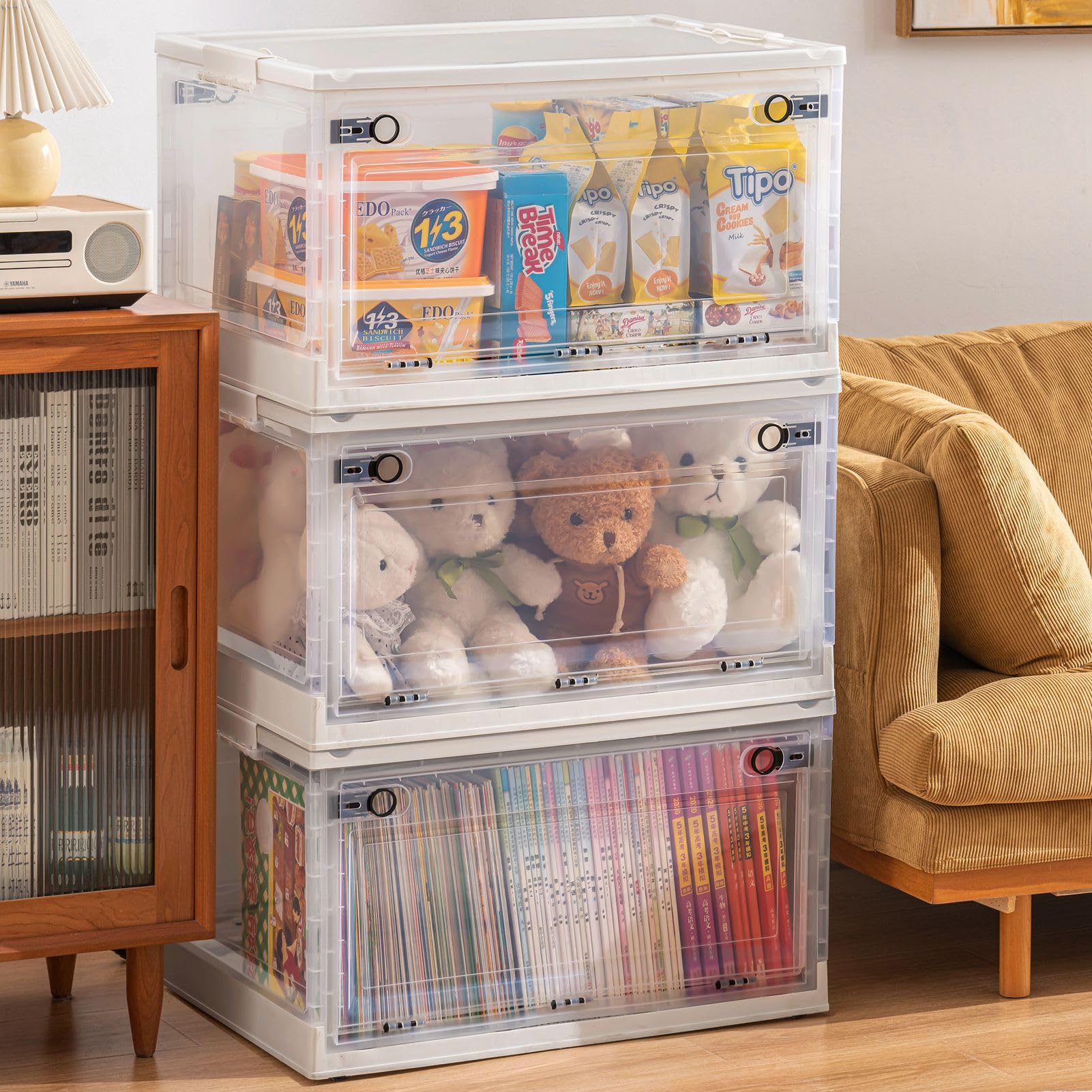 Collapsible Storage Bins with Lids, 50QT Stackable Closet Organizer, 3 Pack Foldable Storage Box with Front and Back Open Doors, Clear Bins for Home, Dorm, Office, Trunk, Wardrobe
