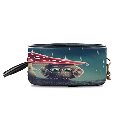 ALAZA Owl Bird Mushrooms PU Leather Small Women Crossbody Shoulder Bag Purse Wallet with Adjustable Chain Strap