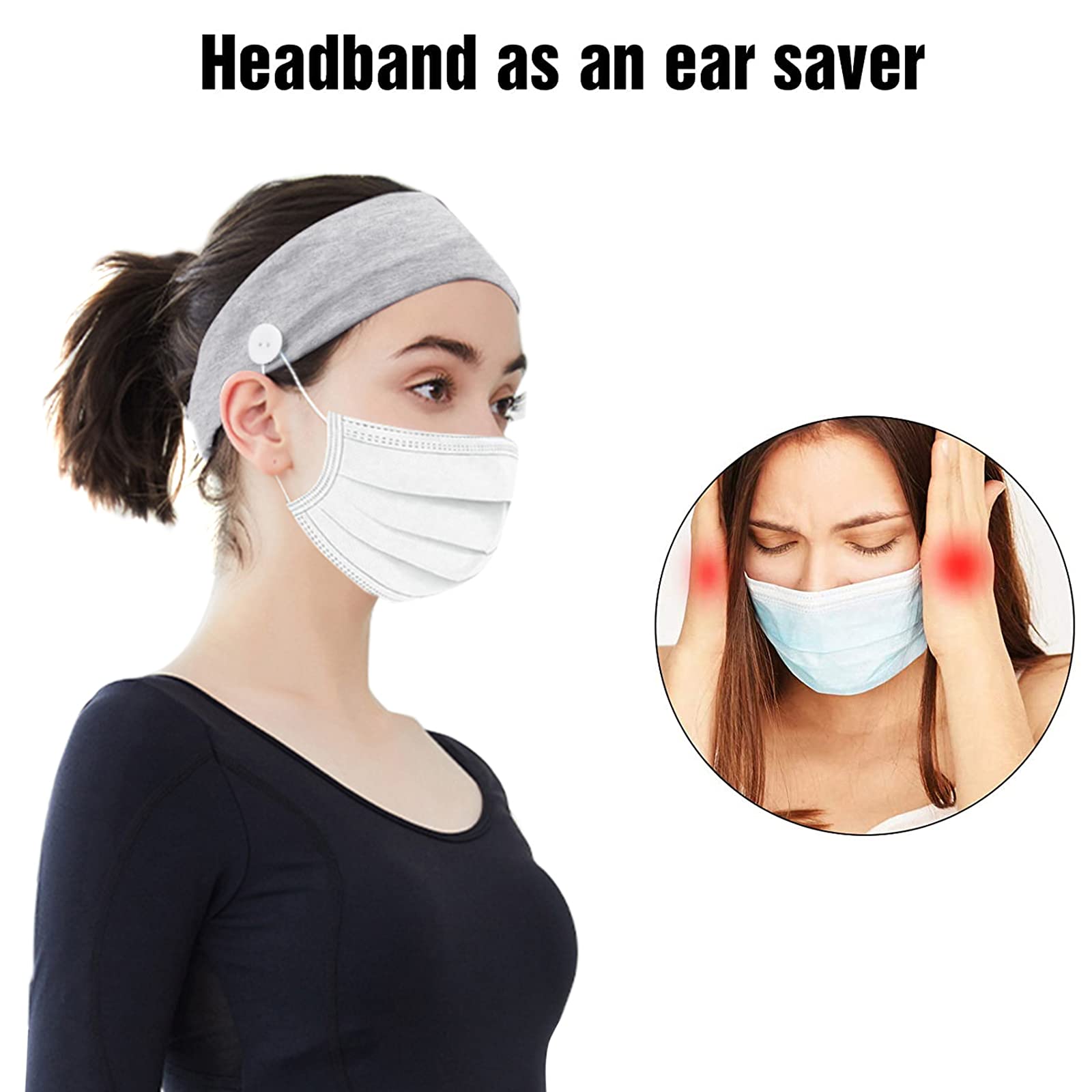 Amandir 4 Pack Headband with Buttons for Women Ear Protection Holder Elastic Headbands for Nurse Womens Workout Button Head Wrap Spa Yoga Headbands