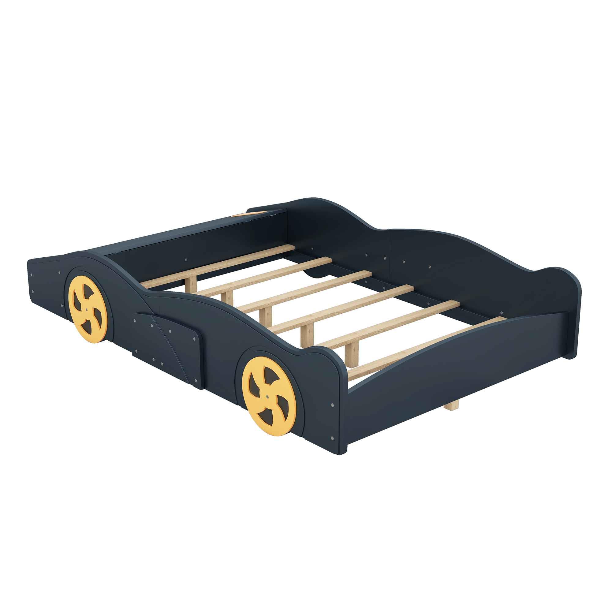 ATY Full Size Platform Bed with Storage, Race Car-Shaped Bedframe w/Wheels Design, Funny for Kids, Toddlers, 90.6" L x 55.3" W x 15.7" H, No Spring Needed, Dark blue