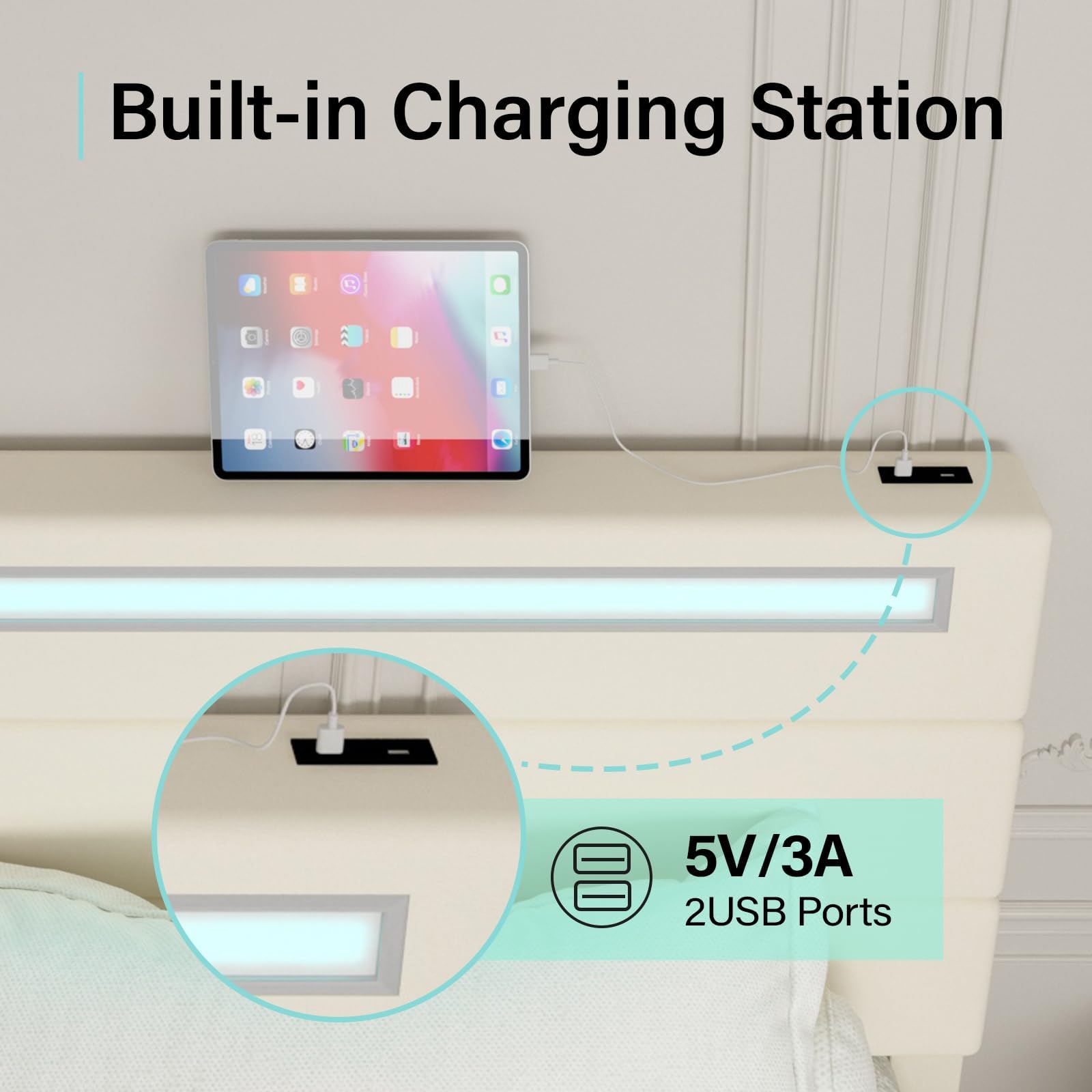 Benevika Upholstered Platform Queen Bed Frame with Large Storage, Modern Linen Fabric Headboard with LED Lights and Charging Station, Sturdy, Ottoman, No Box Spring Needed, Easy Assembly, Grey